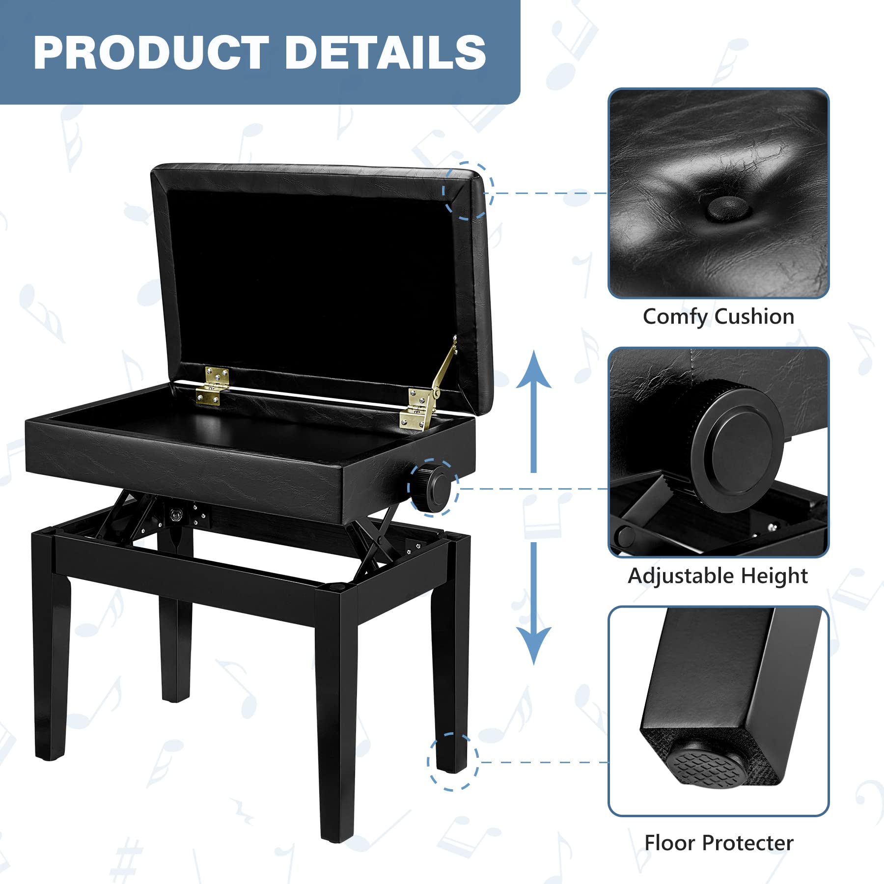 RYNSTO Piano Bench Adjustable with PE Leather High-Density Sponges Pad, Storage Compartment for Music Sheet,Solid Hard Wood Construction,Piano Stool,21.26×13.4×16.7,Weight Capacity 552lbs,Black