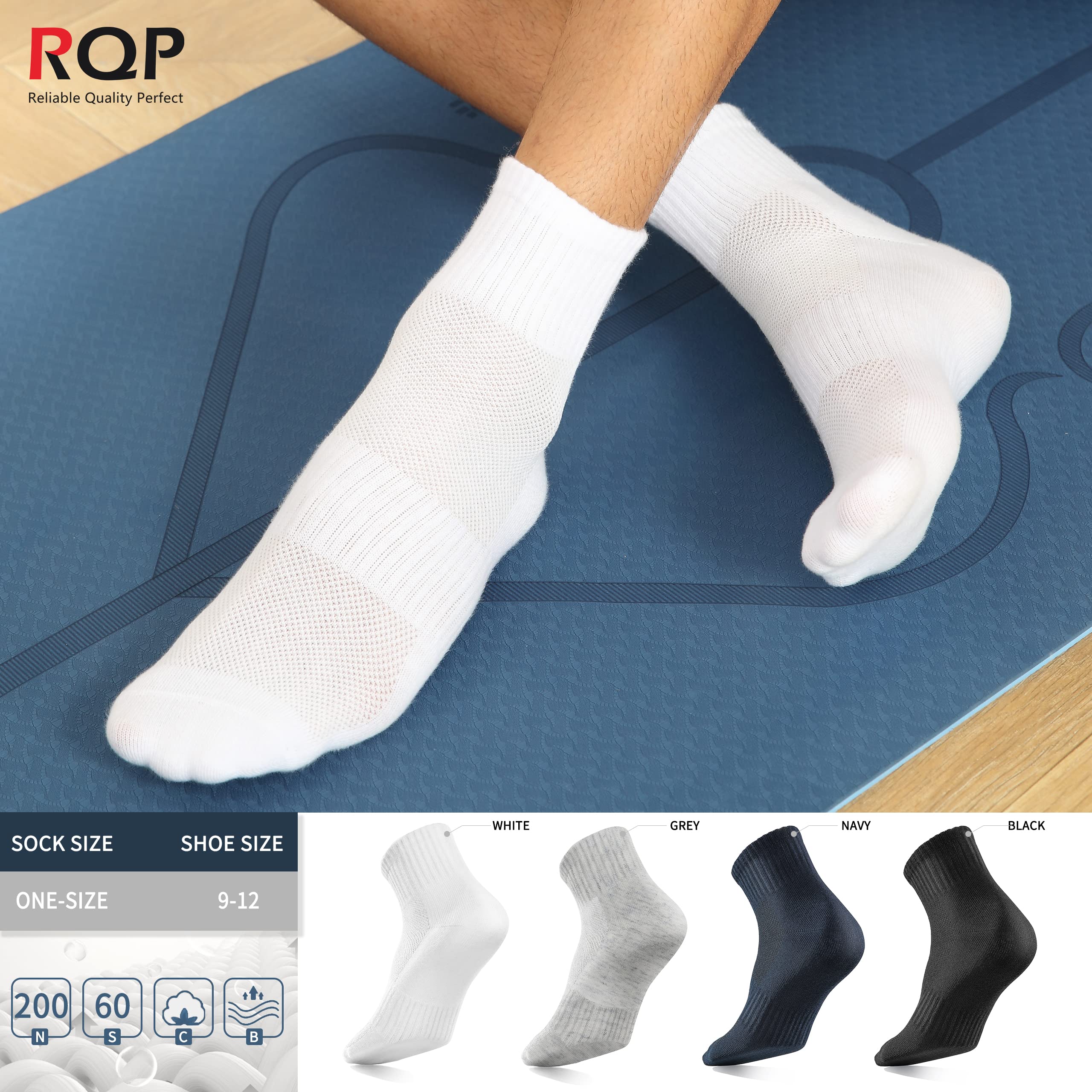 RQP Mens Athletic Ankle Socks,4 Pair Size 9-12 Compression Running Cotton 3D Mesh Heavy Duty Quarter Length Knit Cushioned Liner Work Sox,White