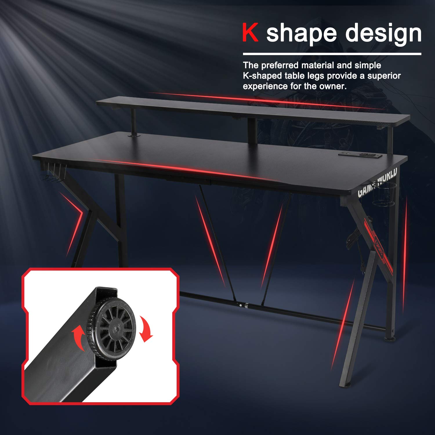 LYNSLIM Black Computer Gaming Desks - 55” W x 23” D Computer Table with Display Support Plate Cup Holder and Headphone Hook Large Surface E-Sport Gamer Workstation Desk Table for Home Office PC