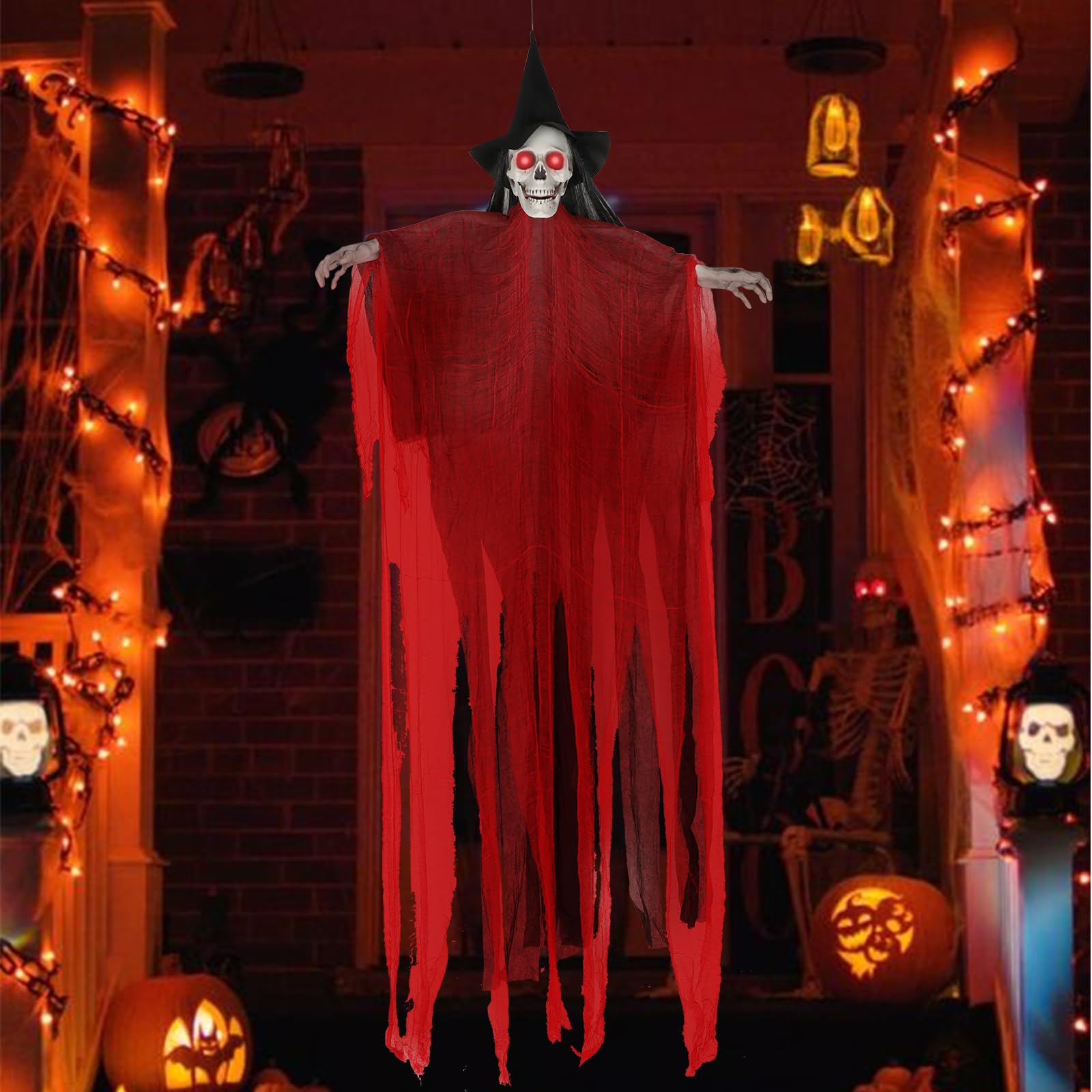 Lemon Legend Hallowen Decorations Outdoor - 78” Moving Life-Size Skeleton Witch with Glowing Eyes & Chilling Sounds - Sound & Touch Activated Sensor - Animatronic Scary Props Decor for Halloween