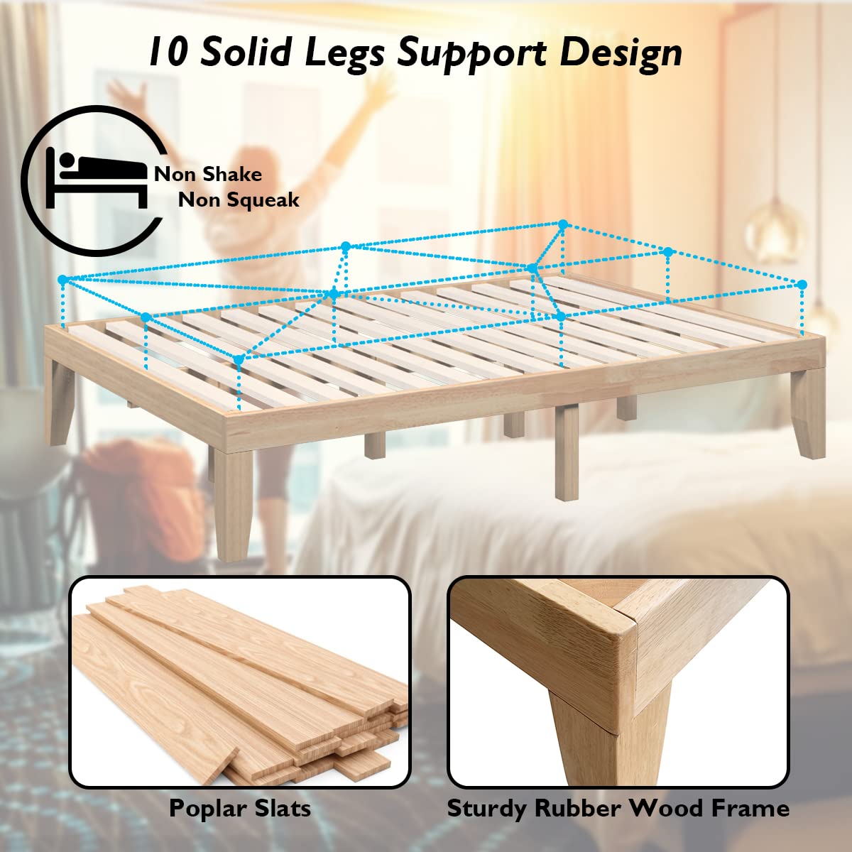 KOMFOTT 14 Inches Wood Platform Bed Frame Full Size, Solid Wood Mattress Foundation with Rubber Wood Frame, Strong Poplar Wood Slat Support, No Box Spring Needed, Bed Frame (Natural)