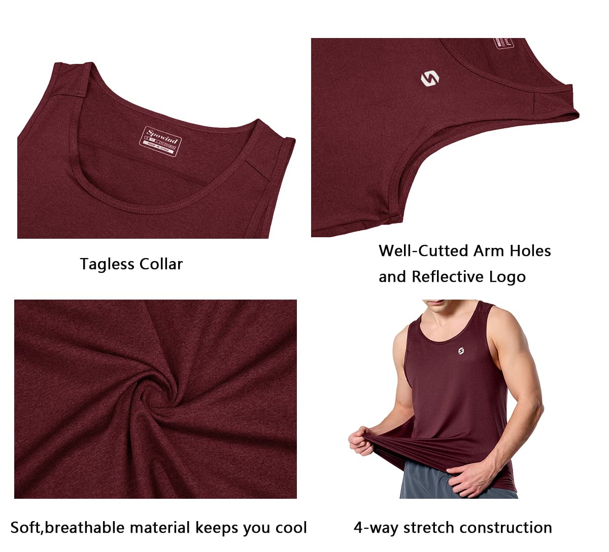 S Spowind Men's Quick Dry Running Tank Top - Athletic Workout Fitness Sleeveless Shirts Burgundy