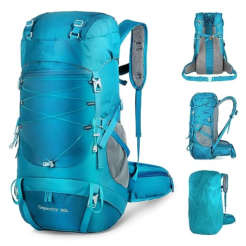 WTVIDAS 50L Lightweight Hiking Backpack for Women and Men with Rain Cover,Outdoor Sport Travel Daypack for Climbing Touring(lake blue)