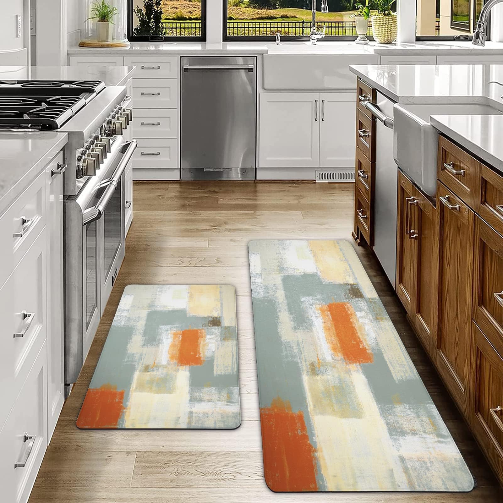 Orange Kitchen Rugs and Mats Set of 2 Cushioned Anti-Fatigue Kitchen Floor Mat 0.4 Inch Thick Burnt Orange Grey Kitchen Mat PVC Non-Slip Waterproof Standing Mat for Sink,Laundry, 17x28+17x47 inch