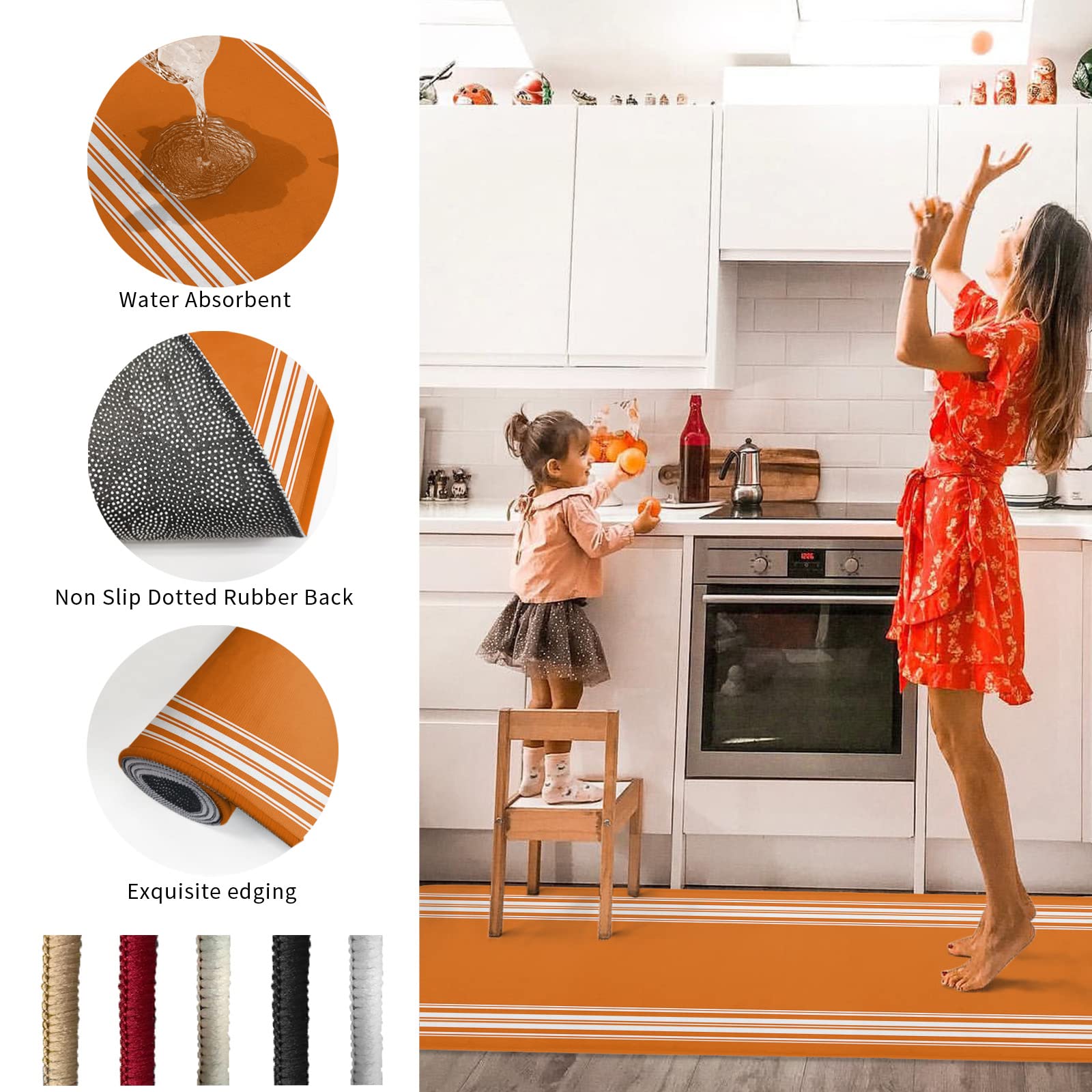 Orange Stripe Kitchen Rugs Set of 2,Country Garmhouse Thanksgiving Fall Holiday Water-Absorbing Runner Carpet Area Mat for Bedroom Bathroom Indoor Use Rubber Backing Accent Throw Washable Extra Large
