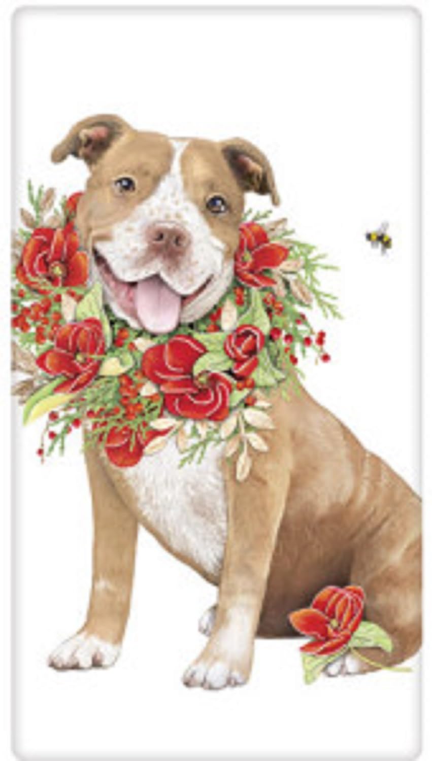 Mary Lake Thompson Festive Pitbull Dog Wreath Dish Towel