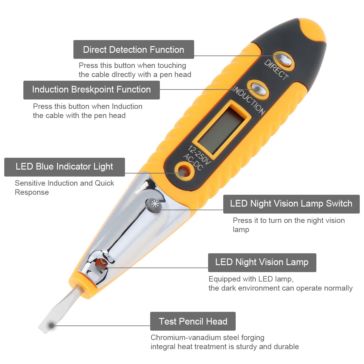 Smgda Digital Voltage Circuit Tester Pen 12V-220V DC & AC Voltage Detector NO Battery Intelligent Induction Electroprobe with LED Light for Home Repair and Detection