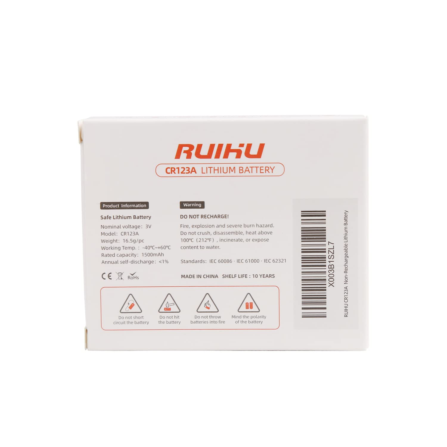 RUIHU CR123A Lithium Battery, 10 Pack 3V 1500mAh Lithium Manganese Dioxide(Li-MnO2) Battery for Flashlight Alarm Smart Sensor Microphones, Non-Rechargeable