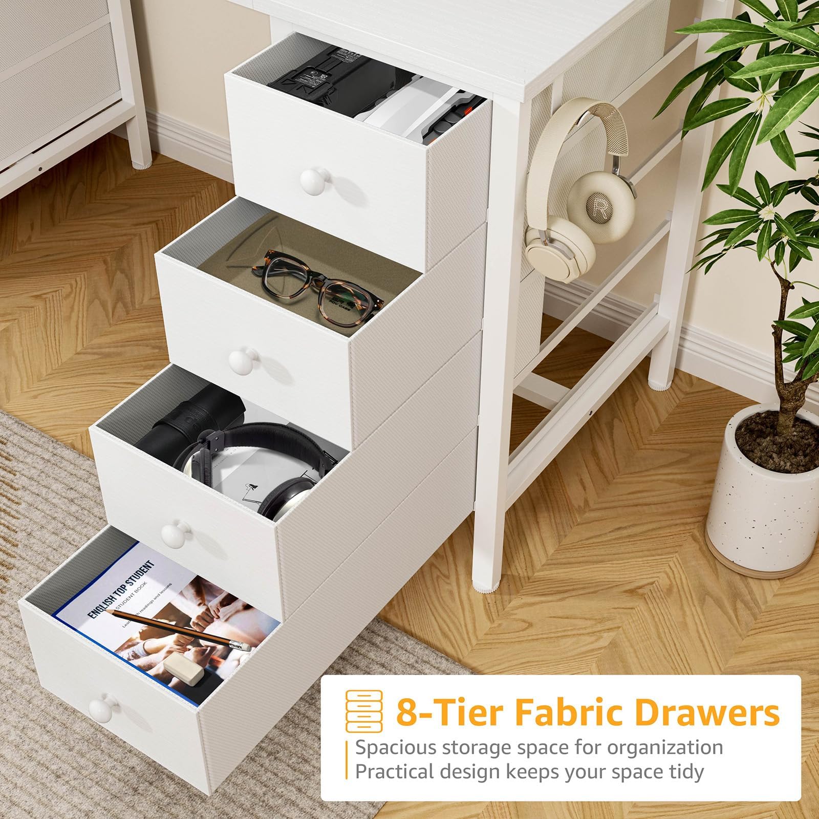White Computer Desk with Drawers for Storage - 55 inch Home Office Desk with 8 Fabric Drawers, Writing Study Desk with Drawers on Both Sides for Bedroom