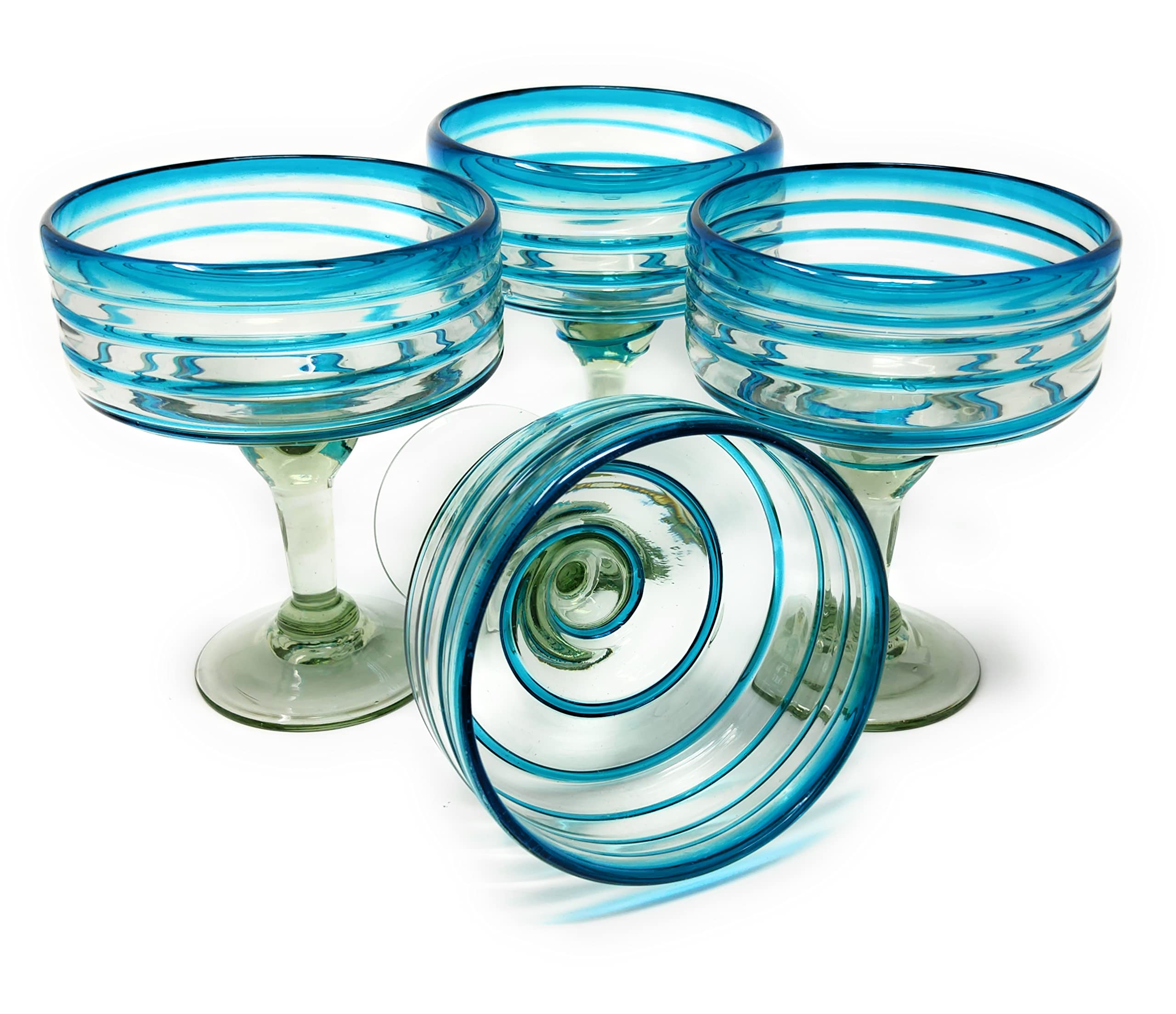 Mexican Hand Blown Glass – Set of 4 Hand Blown Margarita Glasses (16 oz) with Aqua Spiral Design