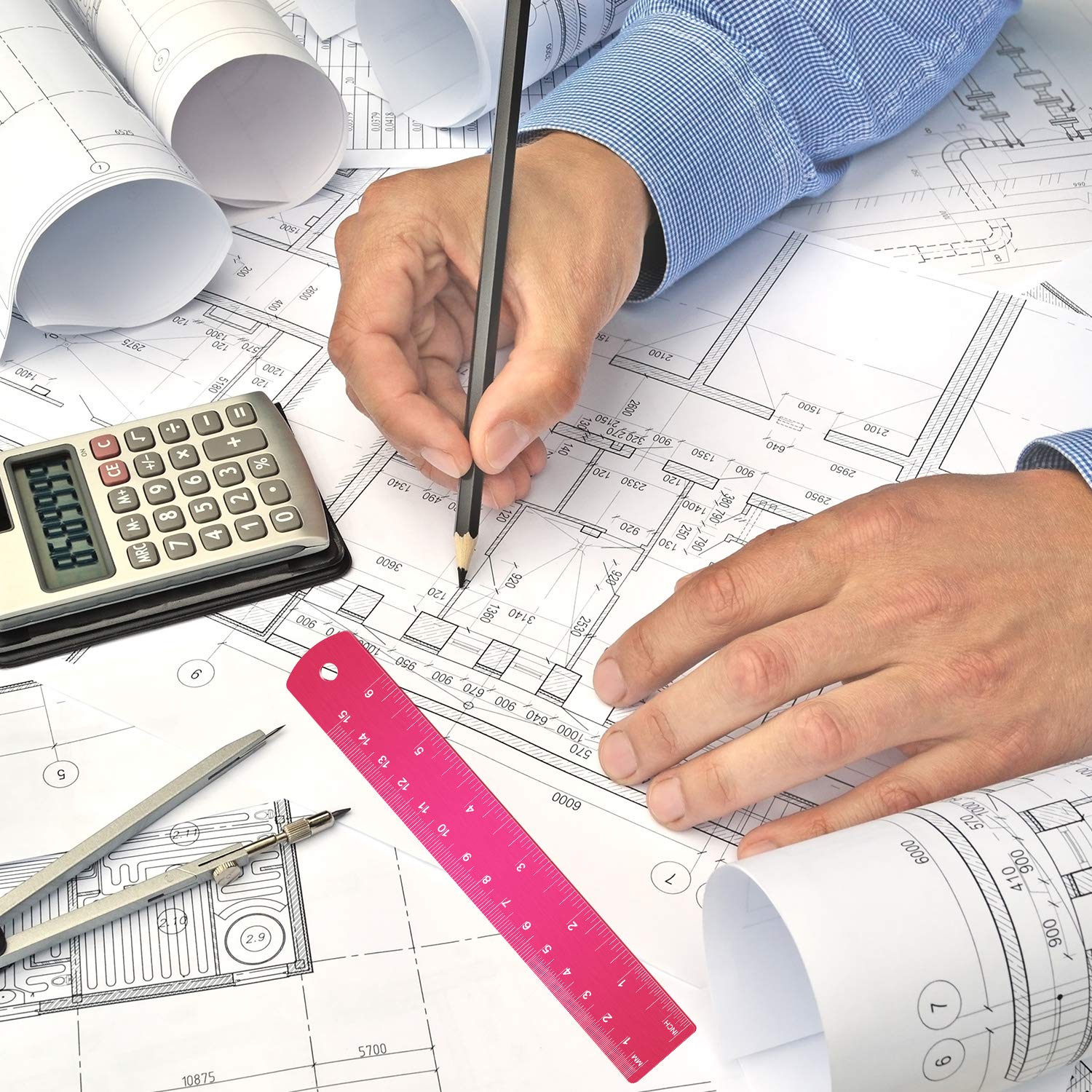 Stainless Steel Ruler and Metal Rule Kit with Conversion Table (Rose Red, 12 Inch, 6 Inch)