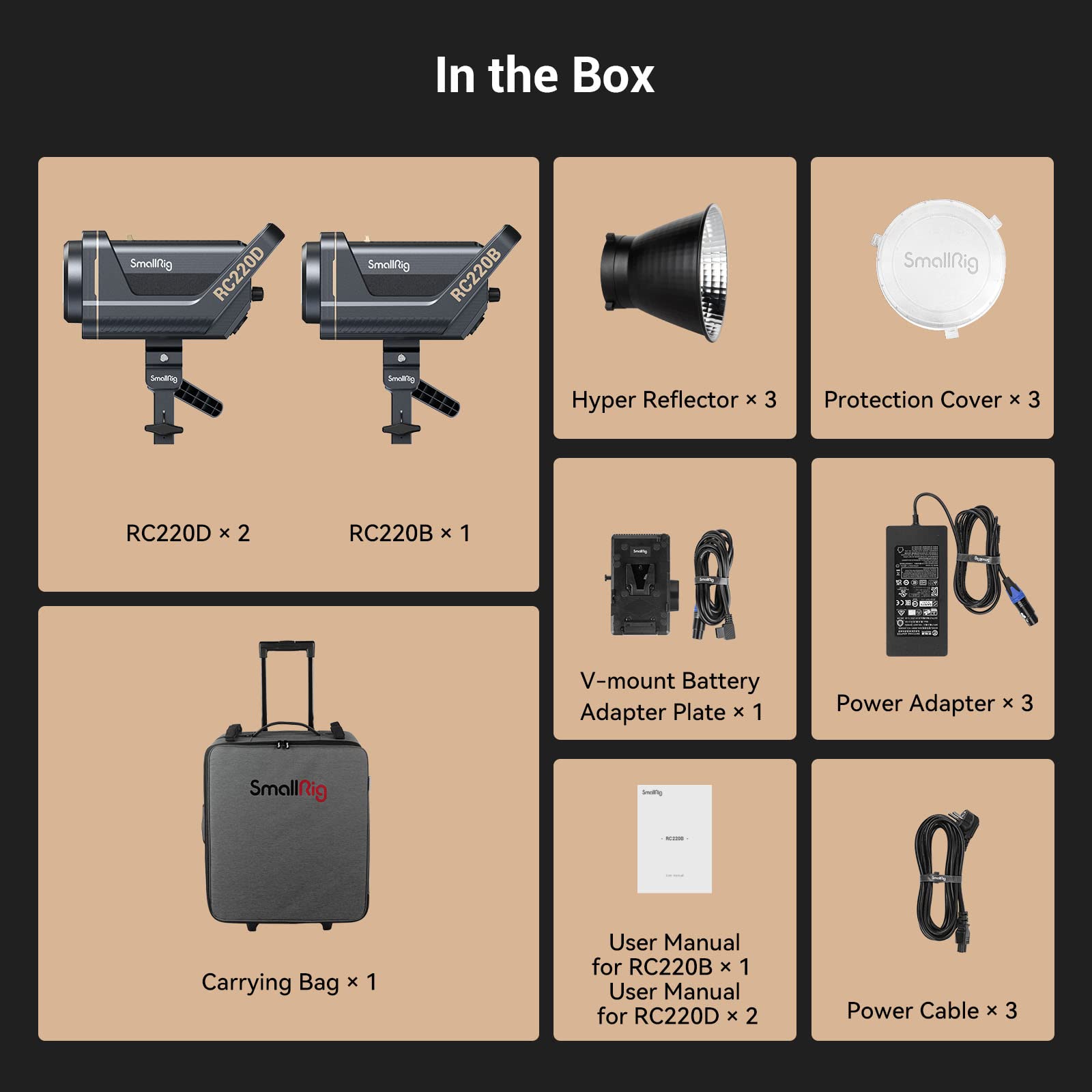 SmallRig 2xRC220D+1xRC220B 3-LED Video Light Kit 98,700/84,500 LUX @3.3ft Continuous Output Light with TLCI 96+ CRI 95+, 9 Lighting Effects, V-Mount Battery Plate, Professional Studio light-4012