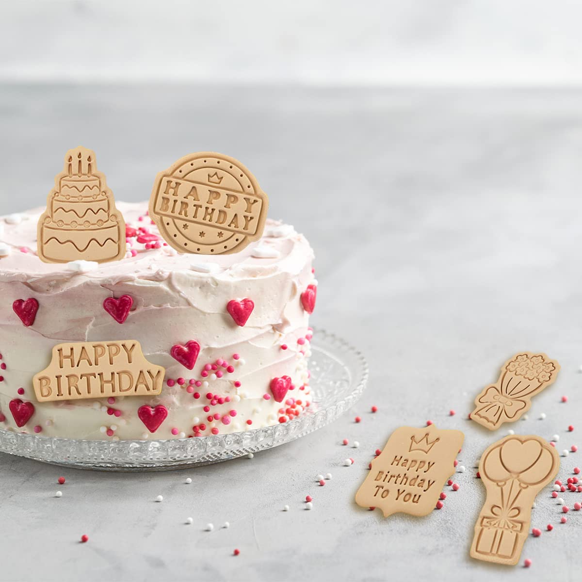 Pink PP Material Birthday Cookie Cutters, 8 Pcs Theme Set Embossing Dies and Plunger Dies for Fondant Cookies Pastry Cheese Baking(Birthday)