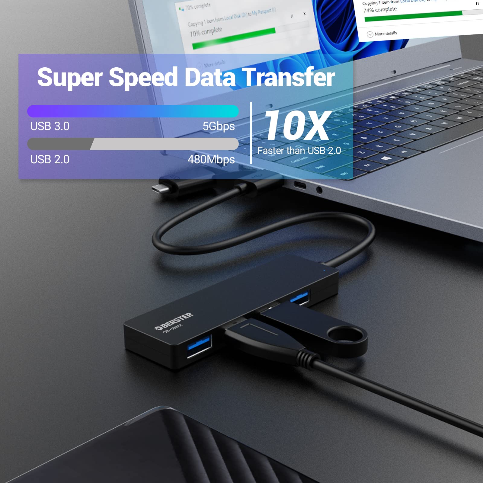 USB 3.0 Hub 5Gbps with USB C Adapter, Ultra Slim USB Adapter USB Splitter USB 3.0 Hub USB 3.0 Adapter with 4 USB 3.0 Port USB Splitter for MacBook, iMac Pro, Mac Mini/Pro, Surface Pro, Dell, HP