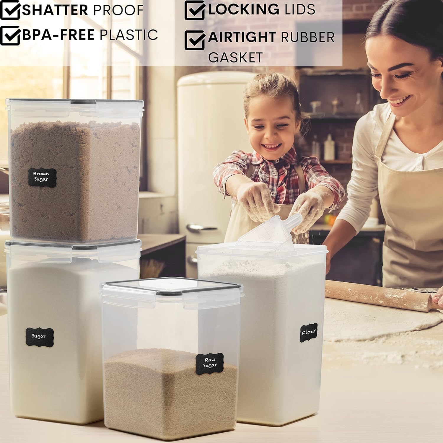WHITE FEATHER SUPPLIES 4 Pc Large Food Storage Containers with Lids Airtight - Flour Sugar Storage Container for Kitchen, BPA Free Plastic Cereal Containers Storage [2 X 6.5 + 2 X 5.2] 4 Measuring Cup