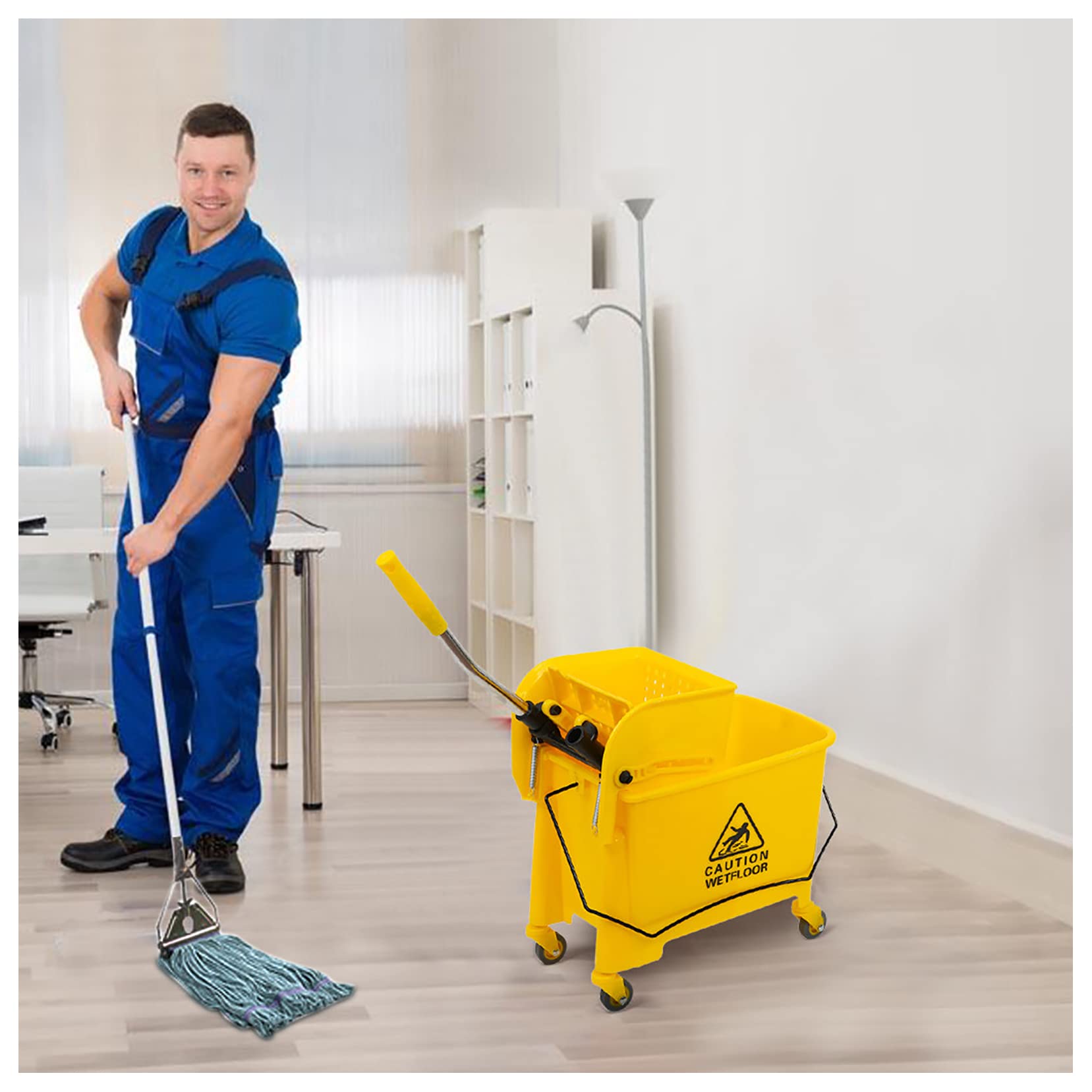 Side Press Commercial Mop Bucket, Industrial Mop Bucket with Wringer on Wheels for Home & Industrial Cleaning Commercial Mop Bucket for Business, Yellow