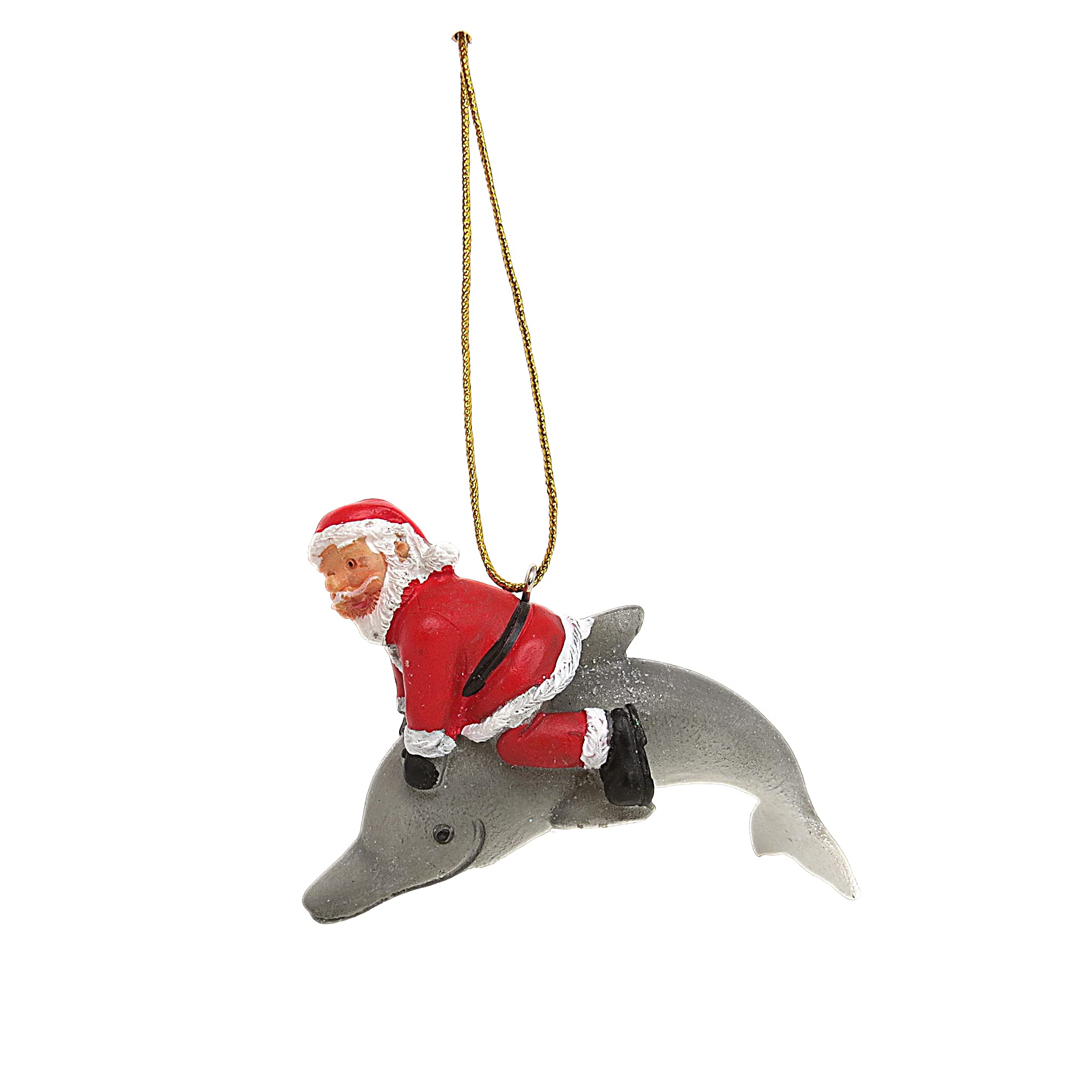 Jolly Santa Riding Gray Dolphin Christmas Ornament, Hanging Xmas Tree Decorations for Florida Beach Homes, 5 Inches
