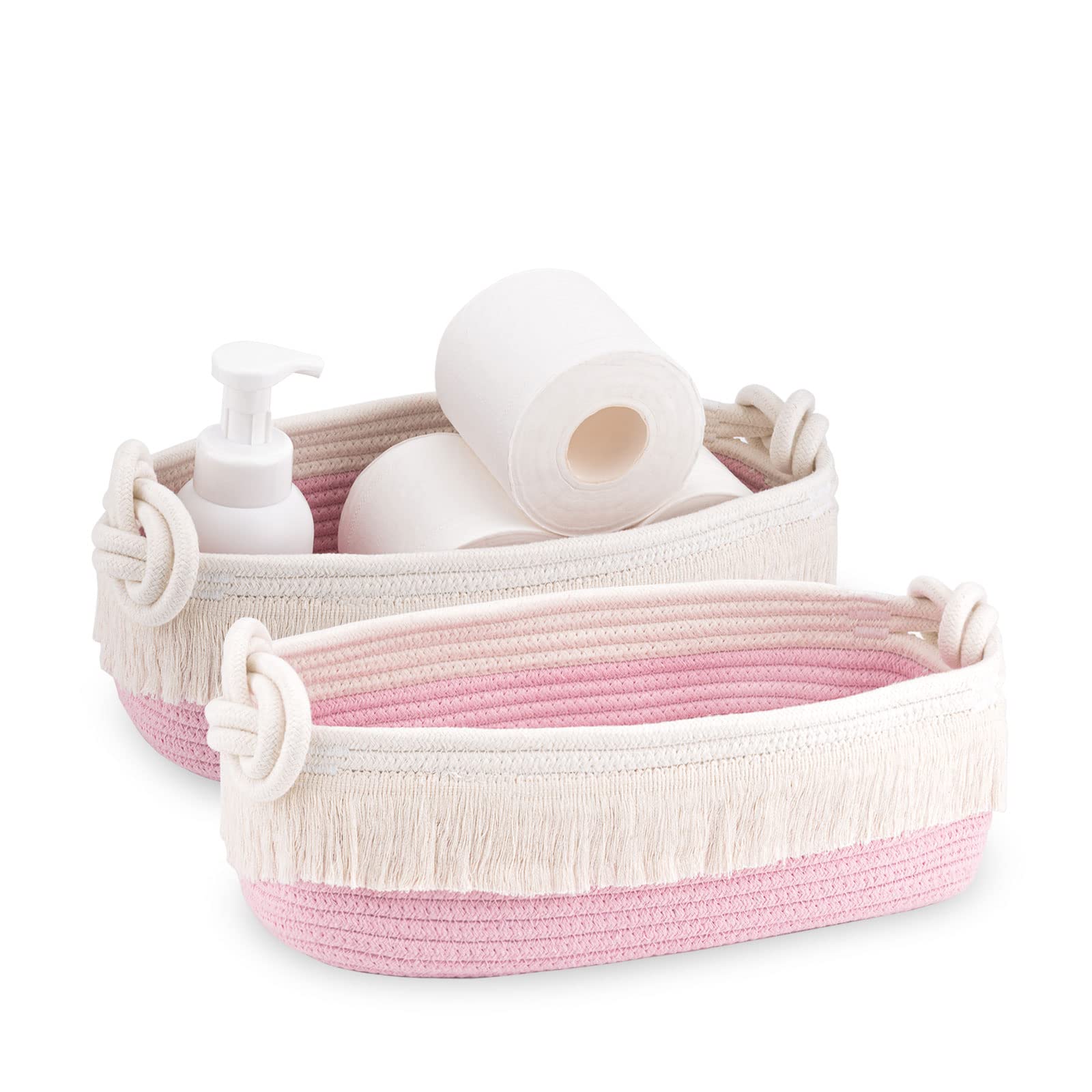 VAGRSS 2 Pack Small Woven Baskets Set - Natural Cotton Rope Baskets with Handle, Storage Basket for Nursery, Toy Baskets, Gift Baskets, Bathroom Organization Bin, Dog Toy Cat Basket (White&Pink)