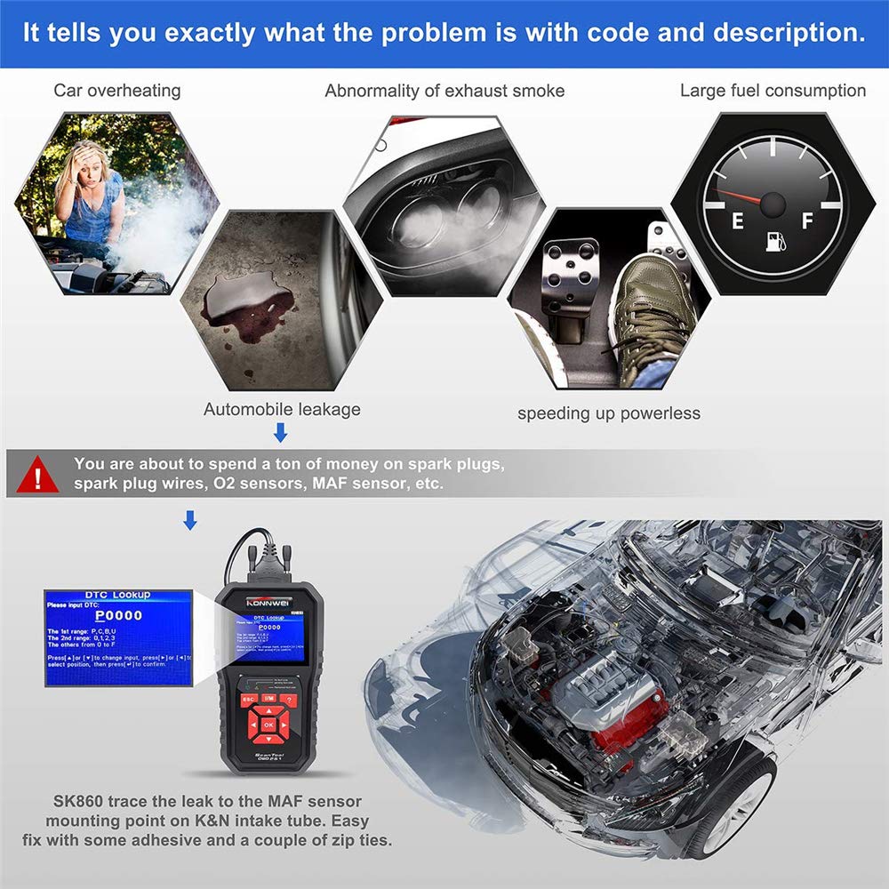 KONNWEI Auto OBD2 Scanner Professional Car OBD II Scanner Diagnostic Fault Automotive Code Reader Check Engine Light EOBD Scan Tool for All OBDII Protocol Cars Since 1996(KW850) Black