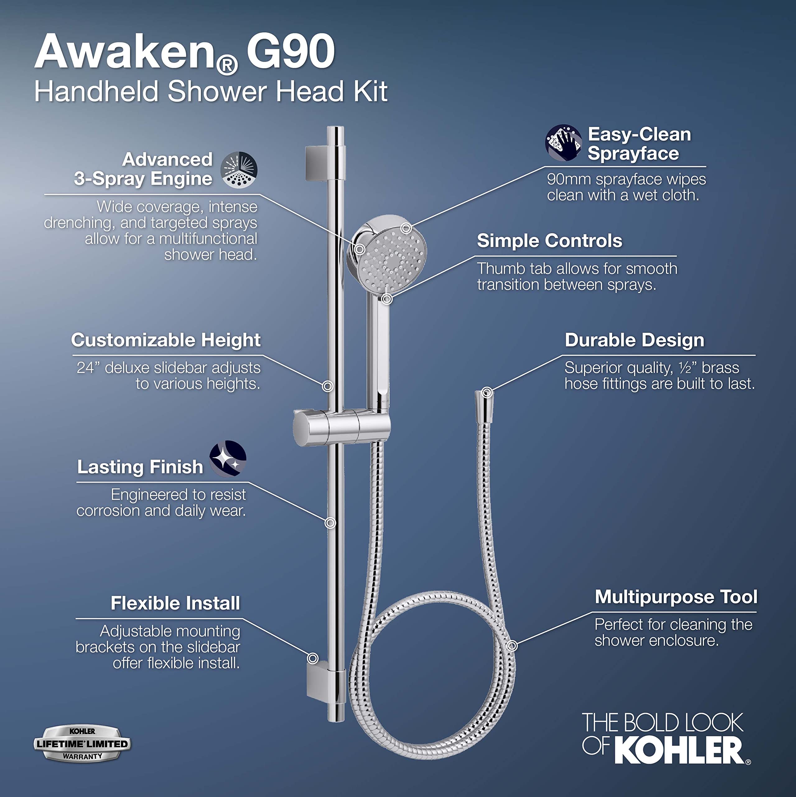 Kohler K-98361-BN Awaken G90 Multi-Function Handshower with Slide Bar Kit, Vibrant Brushed Nickel