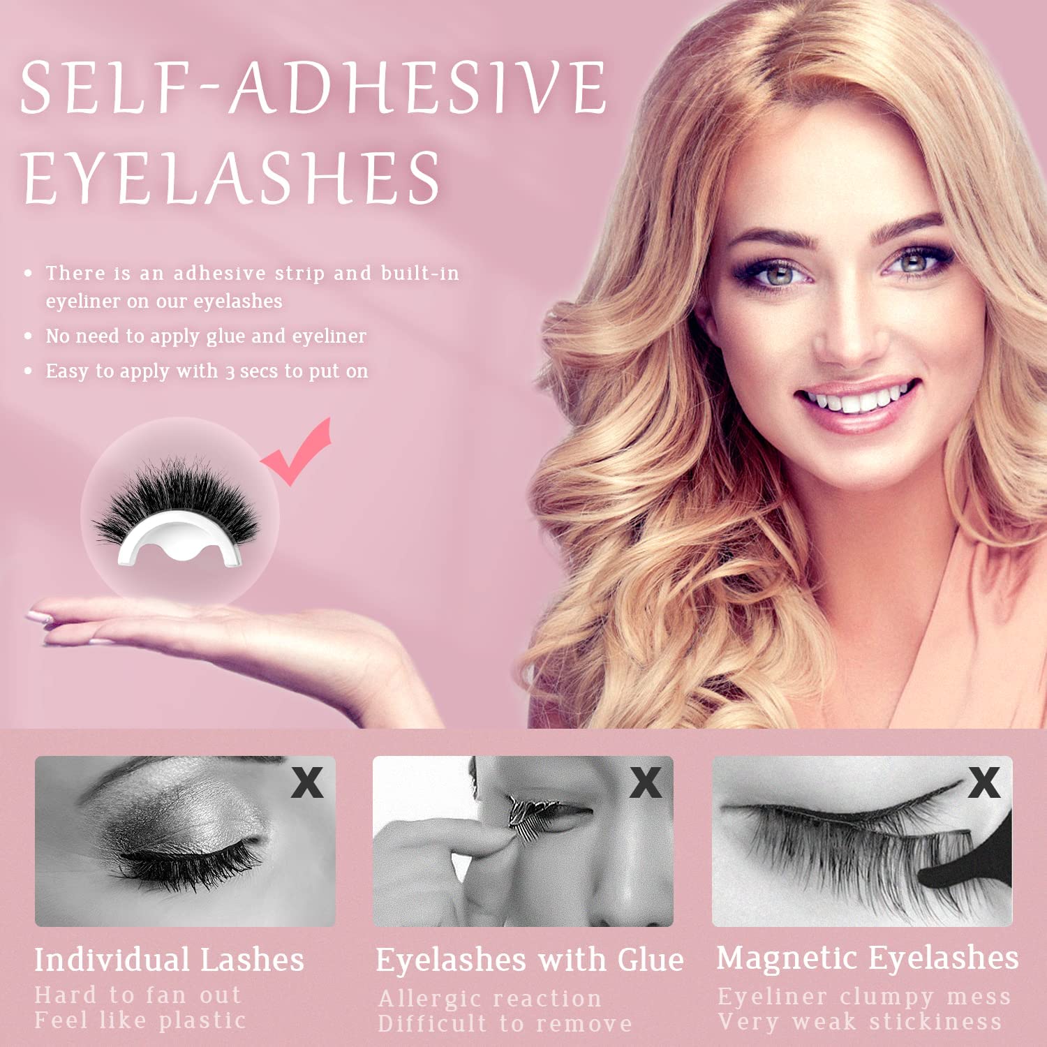 Reusable Self Adhesive Eyelashes,14-20MM 2styles Mink Wispy Cat Eye Lashes Fluffy Curly Natural Look, Russian Strip False Lashes No Glue, Safe Waterproof Fake Lashes Easy to Put On