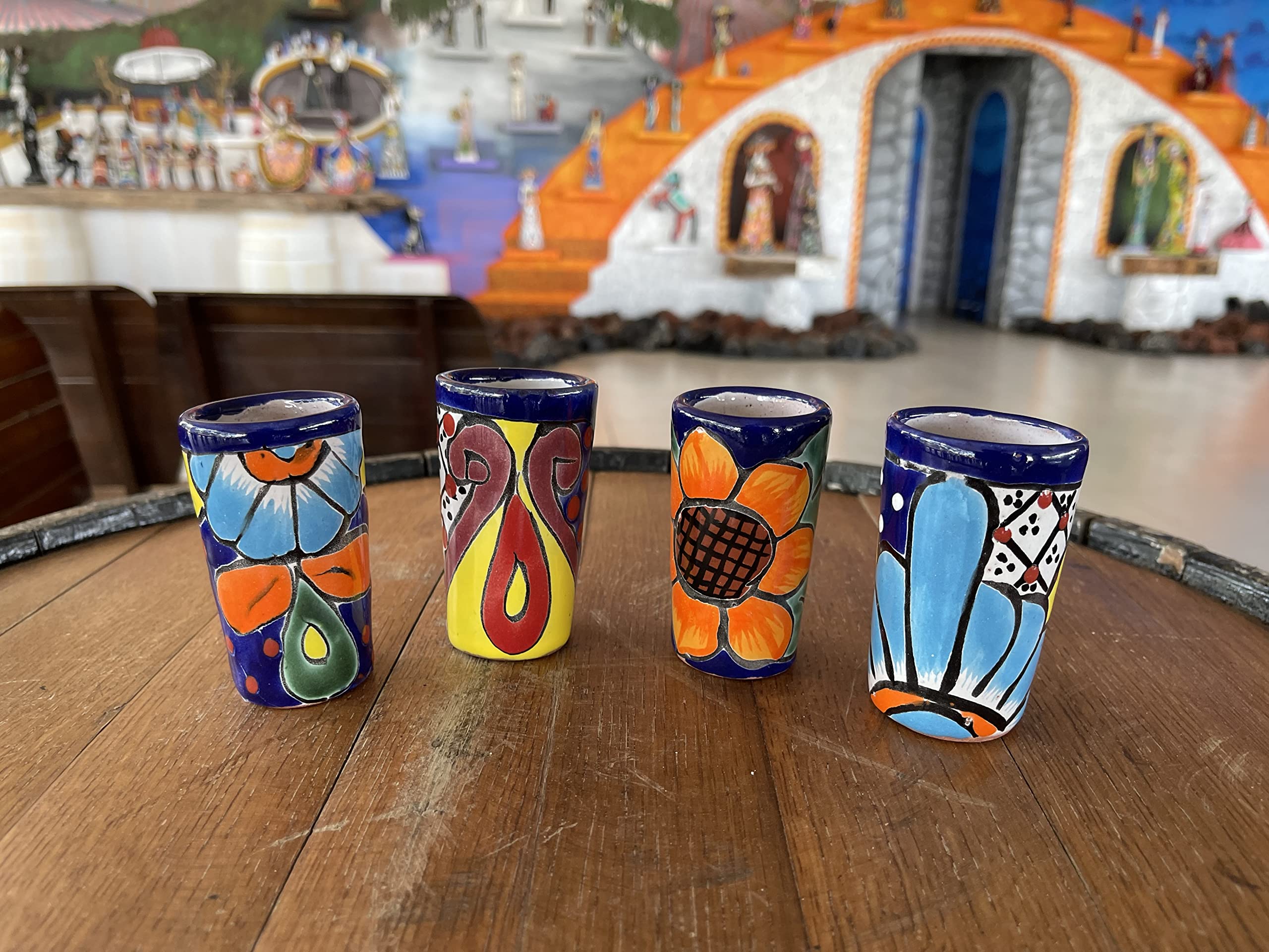 MEXTEQUIL - Talavera Shot Glasses Set of 4 Authentic Mexican Tequila Shot Glasses - Hand-painted - 2 Oz (Flowers)