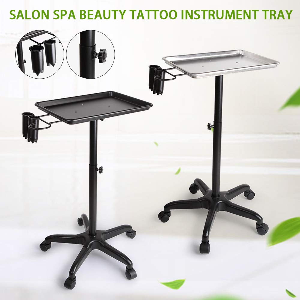 Tattoo Tray on Wheels Tattoo Cart with Bracket Salon Rolling Tray Cart for Salon Beauty Spa Tattoo, Adjustable Height (Silver)