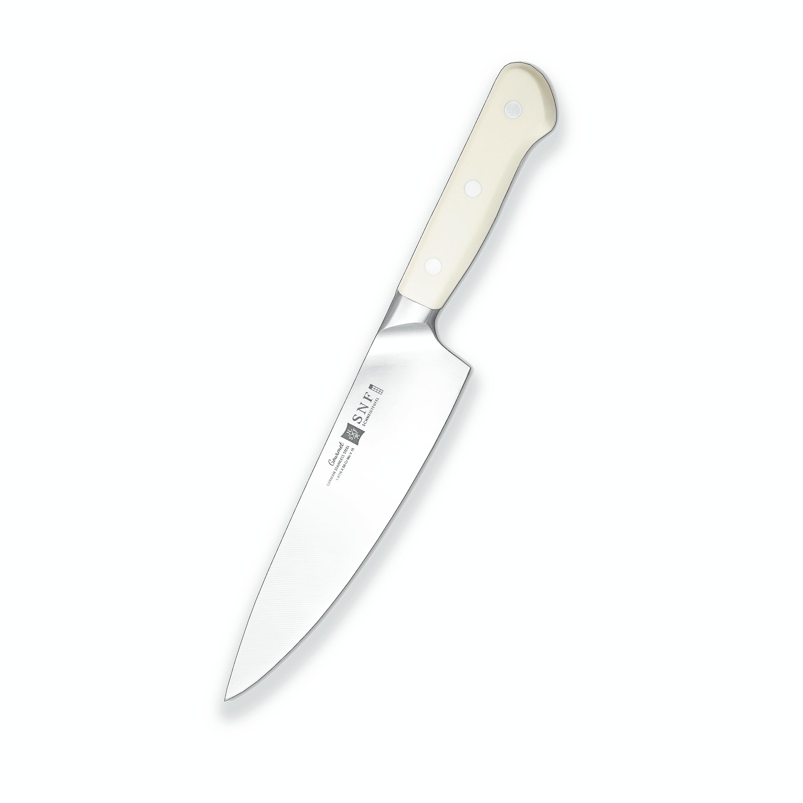 SNFSchneidteufel Gourmet 8 inch Chef Knife Made with X50CrMoV15 German Stainless Steel Blade and White Ergonomic Triple Rivet Classic Handle Design