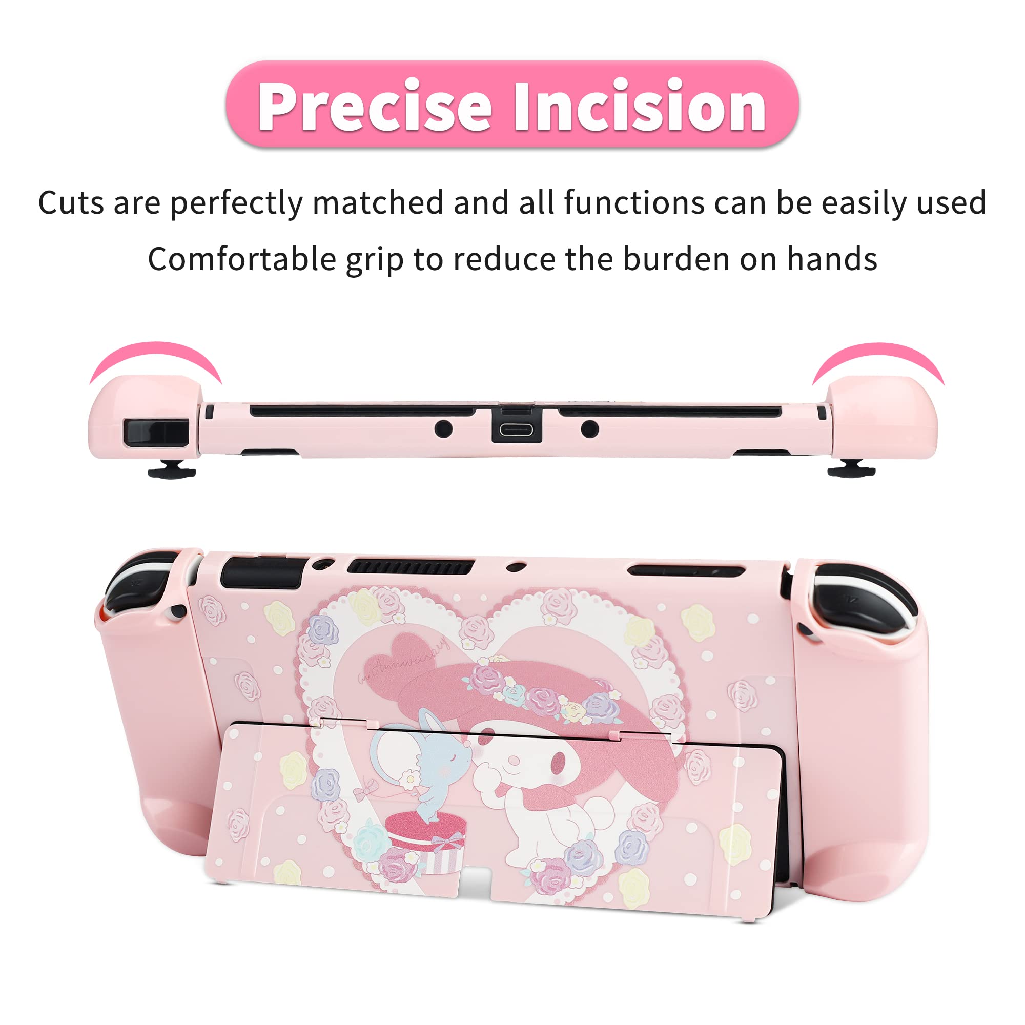 LASTYAL Bunny Pattern Protective Case for Nintendo Switch OLED Model and Joycon Controller, Cute Pink Case Compatible with Switch OLED with Screen Protector and 4 Thumb Grip Caps