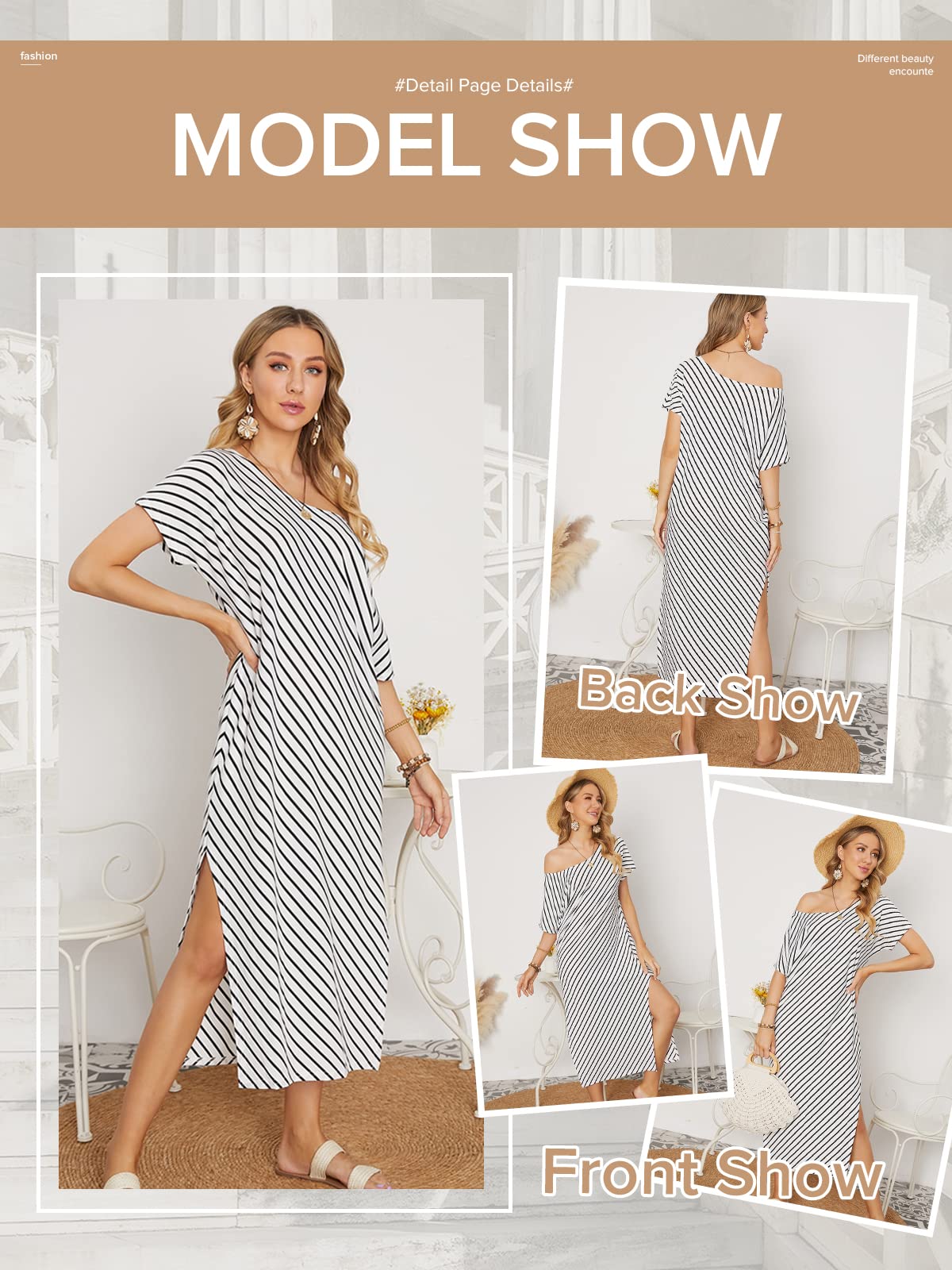 Kidsform Women Maxi Dress Striped Irregular Long Dresses Casual Loose Kaftan Round Neck Sundress B-Stripe S