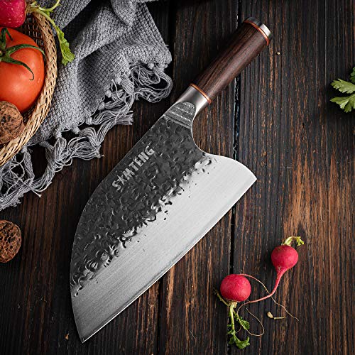 SMTENG Effort Saving Kitchen Knife 8 inch-High Carbon Clad Steel Hammered Chinese Knife with Pakkawood Handle,Butcher Meat Cleaver knives Vegetable Cutting Slicing Knife