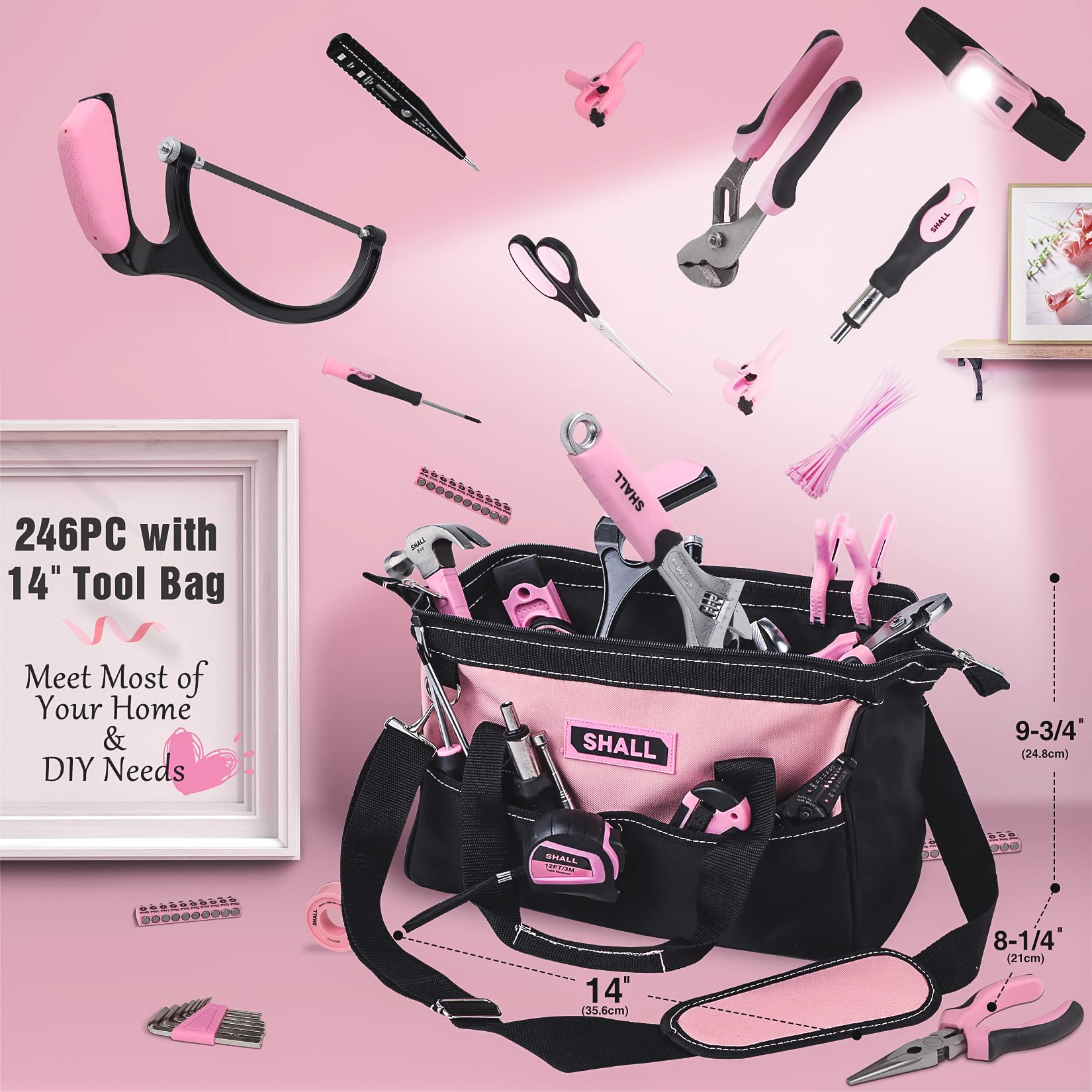 SHALL Pink Tool Set, 246-Piece Home Tool Kit for Women, Ladies Basic Tool kit for House with 14”Wide Mouth Open Tool Bag, General Household Hand Tool Set for Home Repair, Maintenance and Improvement