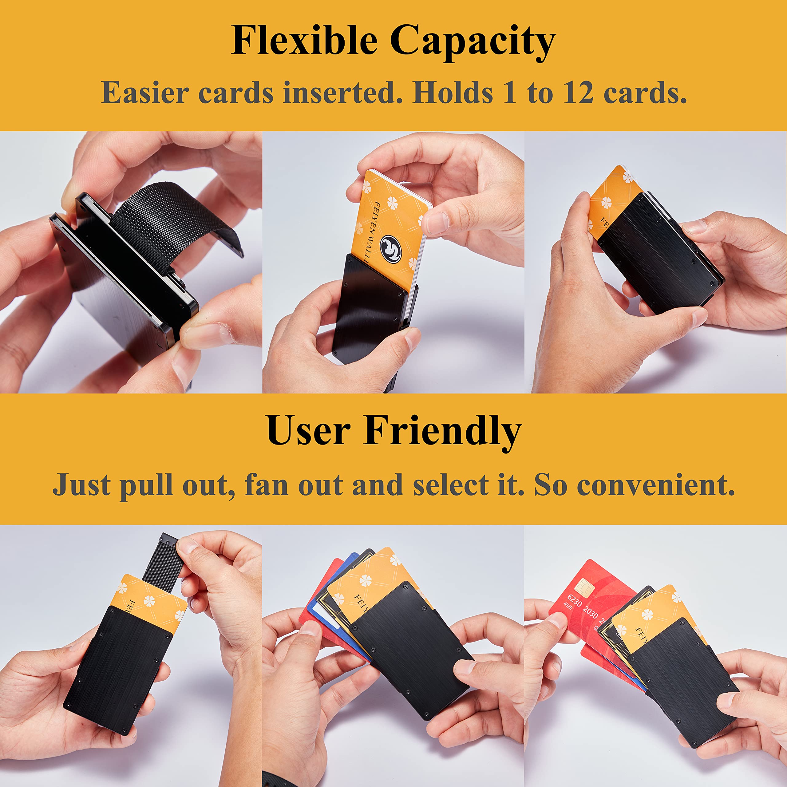 Minimalist Wallet for Men | RFID Blocking Aluminum Metal Wallet with Cash Strap | Front Pocket EDC Wallet | Carbon Fiber Card Holder Money Case | Slim Tactical Pull Wallet