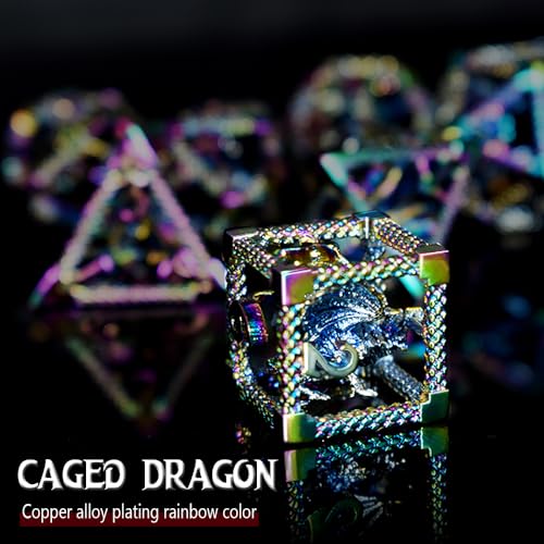 RULE DICE 7pcs Captive Magic Dragon Metal D& D Dice Set, Unique Design, Fantastical Hollow Polyhedral DND Metal Dice, Suitable for Role Playing Games Dungeons and Dragons D&D Dice Set (Rainbow)