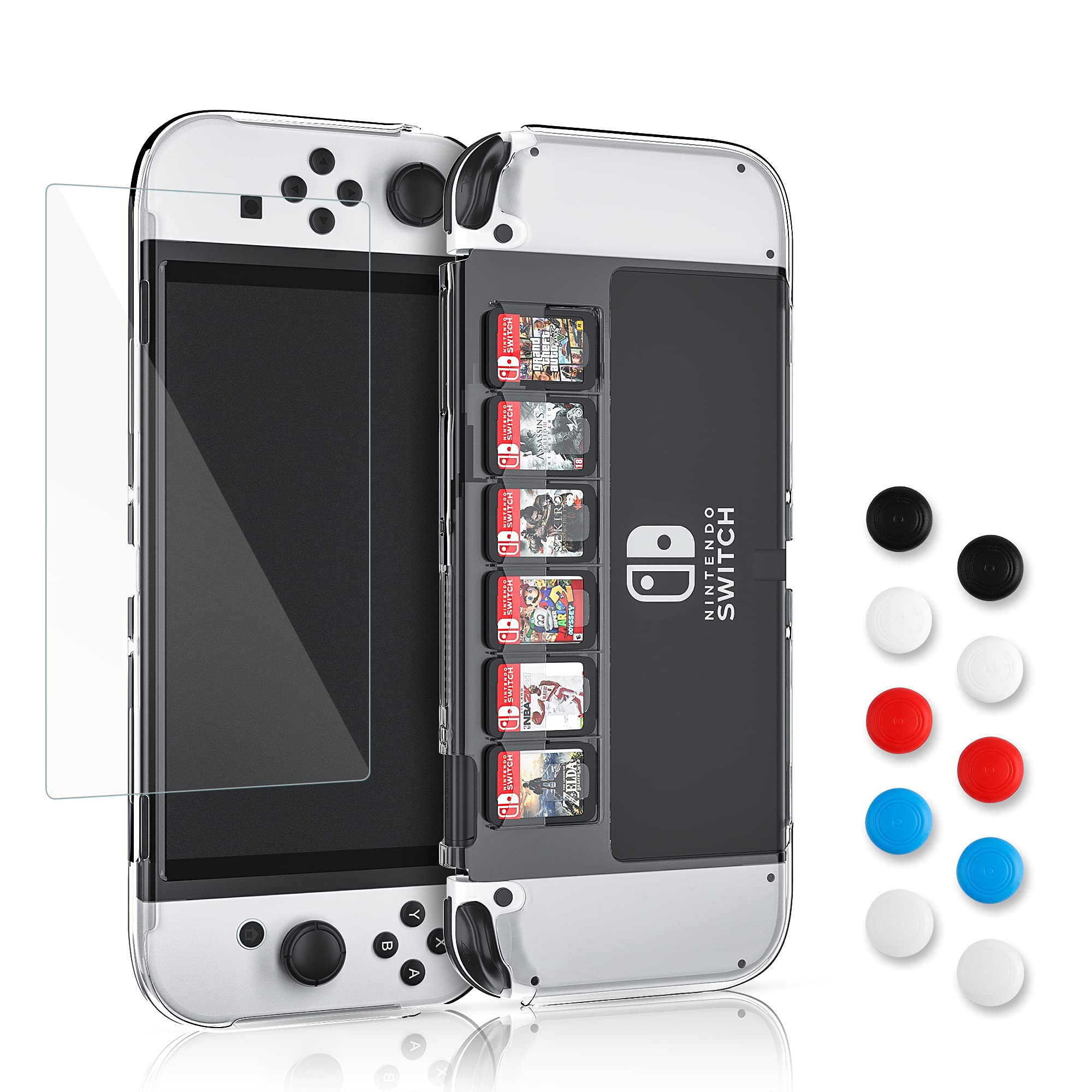 LASTYAL Protective Clear Case Compatible with Nintendo Switch OLED Model with Hard Transparent Cover Case for Switch OLED with 6 Game Card Storage Slots, Screen Protector and 10 Thumb Grip Caps