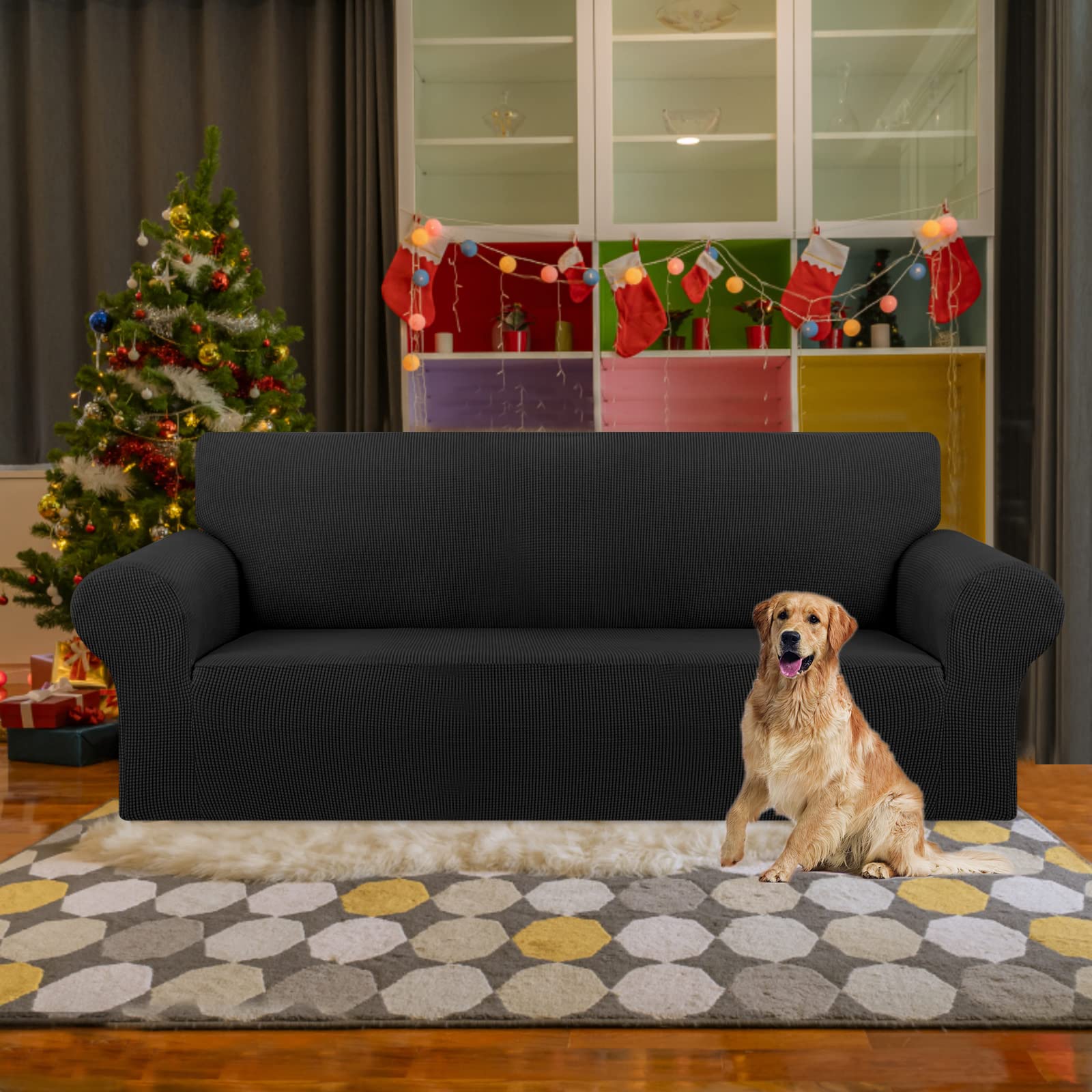 KEKUOU Stretch Sofa Cover Slipcover ,Couch Covers for 3 Cushion Couch Sofa pet Friendly (79"-94") Furniture Protector Sofa with Elastic Bottom for Kids,Dog, Jacquard Small Checked(Large,Black)