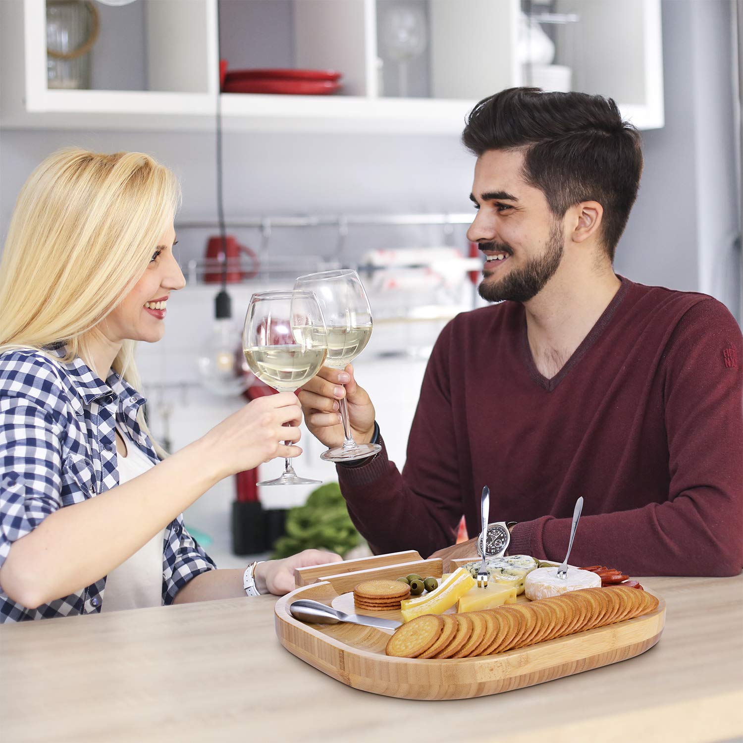 MH Zone Bamboo Cheese Board Set Charcuterie Board Cheese Plate Cheese Tray with Integrated Drawer, 4 Stainless Steel Knife and 4 Fork, for Family, Friend or Lover