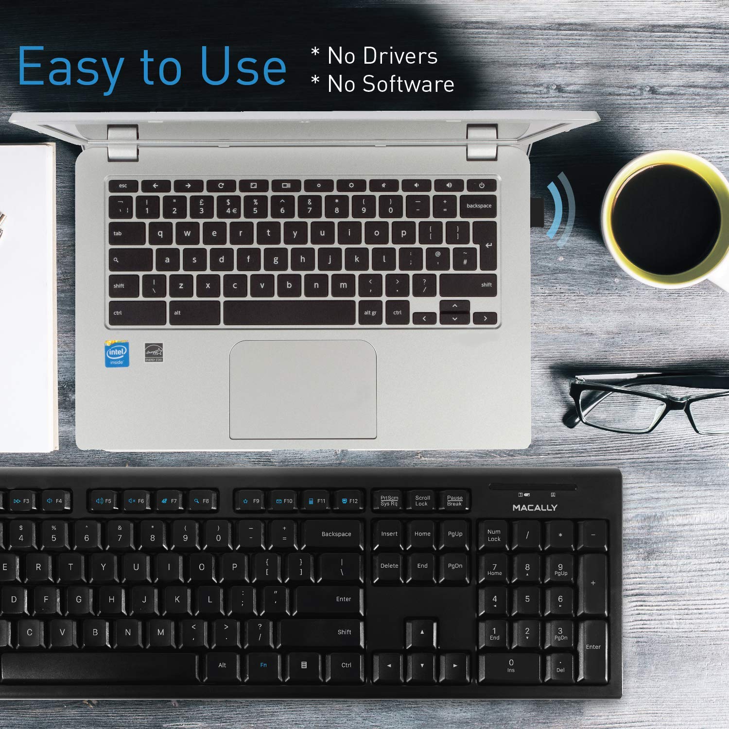 Macally 2.4G Wireless Keyboard - Ergonomic Full Size Computer Keyboard Wireless with Numeric Keypad - USB Keyboard Wireless Compatible with Windows PC Laptop Desktop External Keyboard Cordless