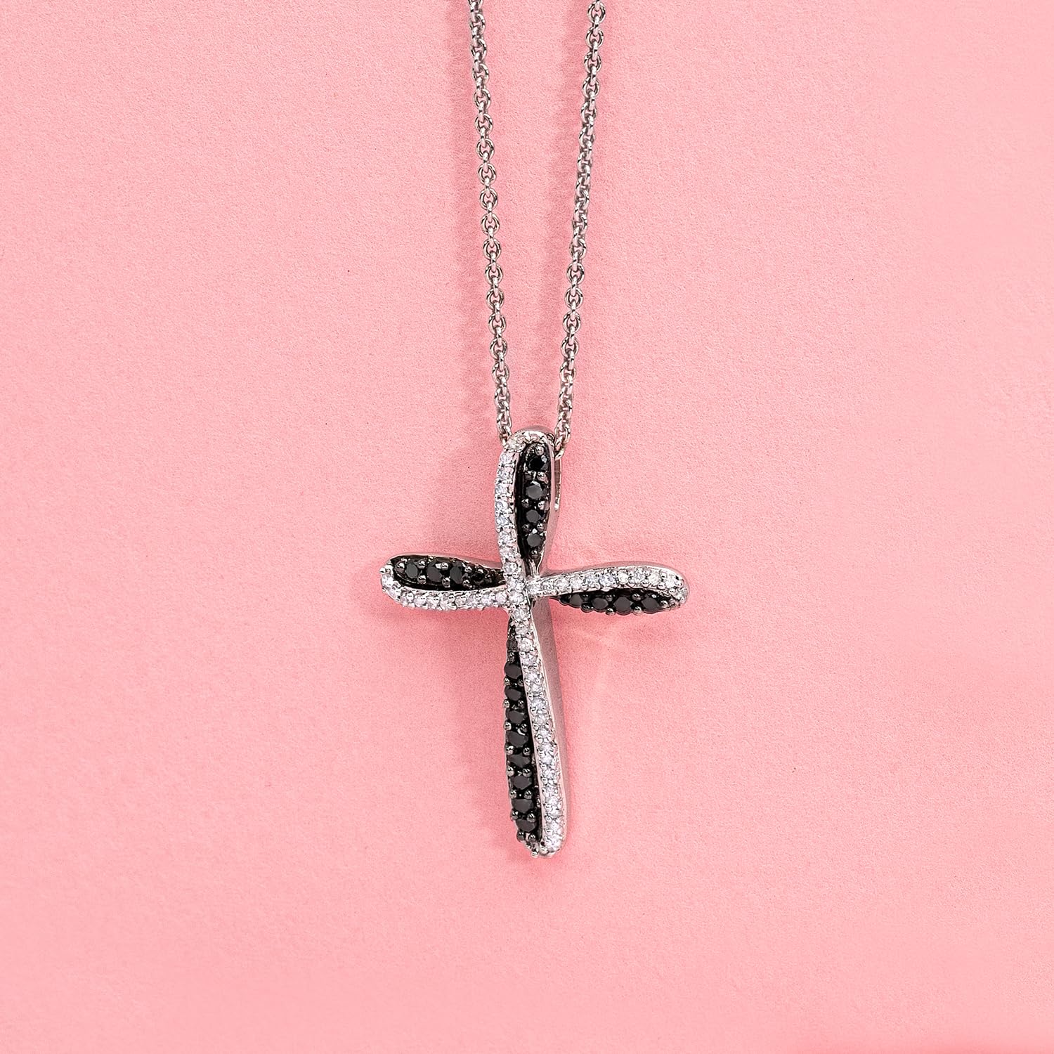 Jewelili Sterling Silver Cross Pendant Necklace with Treated Black and Natural White Round Diamonds, 1/3 cttw, 18" Rolo Chain