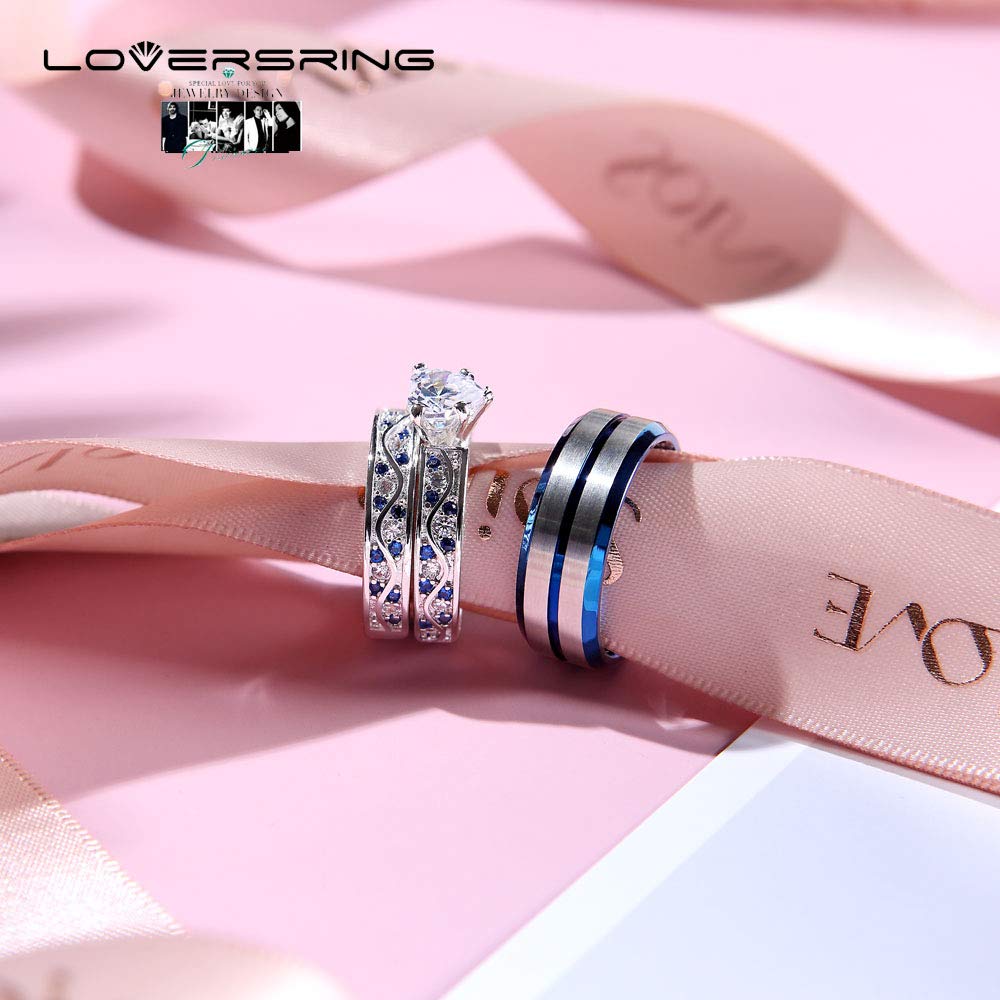 LOVERSRING Two Rings Wedding Ring Sets His and Hers Promise Ring Couples Bridal Sets Women 925 Sterling Silver Heart Cz Man Brushed Finished Tungsten Carbide Wedding Bands