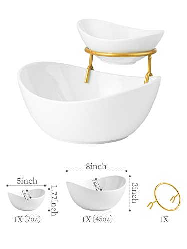 Miamolo Porcelain Serving Bowl Set for Appetizer Serving Dishes Set with 2 Compartment, Chip and Dip Taco Rack Display Salad Bar Serving Set, Gold Stand