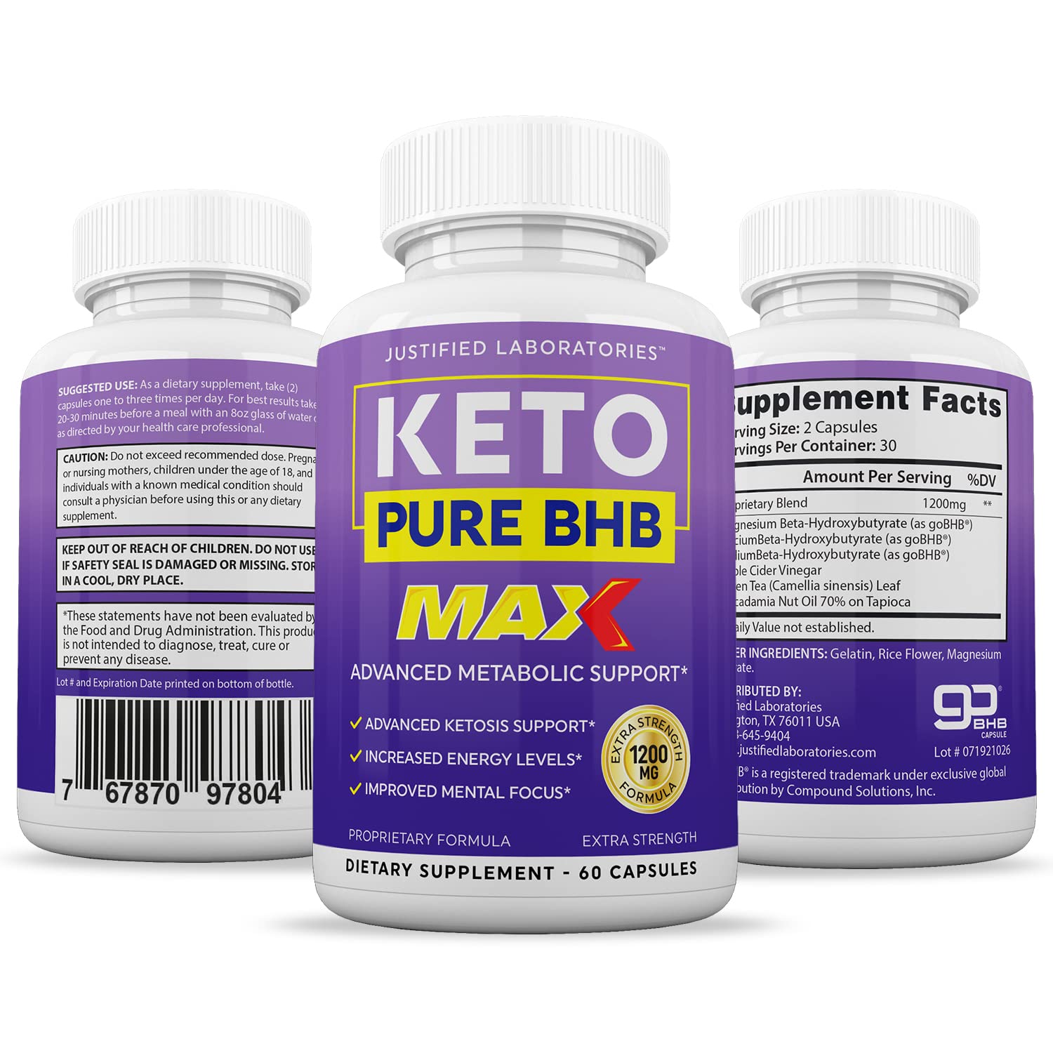 Keto Pure BHB Max1200mg Pills Ketogenic Supplement Includes goBHB Exogenous Ketones Apple Cider Vinegar Macadamia Nut Oil and Green Tea Advanced Ketosis Support for Men Women 60 Capsules