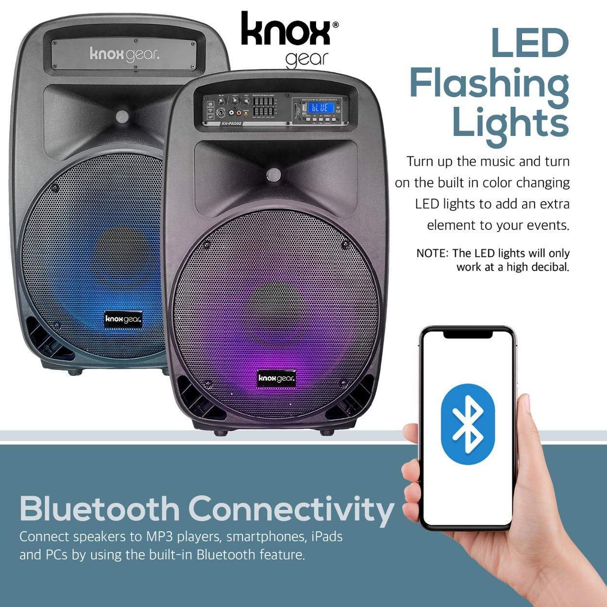 Knox Dual 15" Speakers, 600 Watt - 8 Piece Portable PA System - Microphone, Tripods, Remote Control - Bluetooth, USB, SD Card, RCA and 1/4" Inputs - Colorful LED Lights