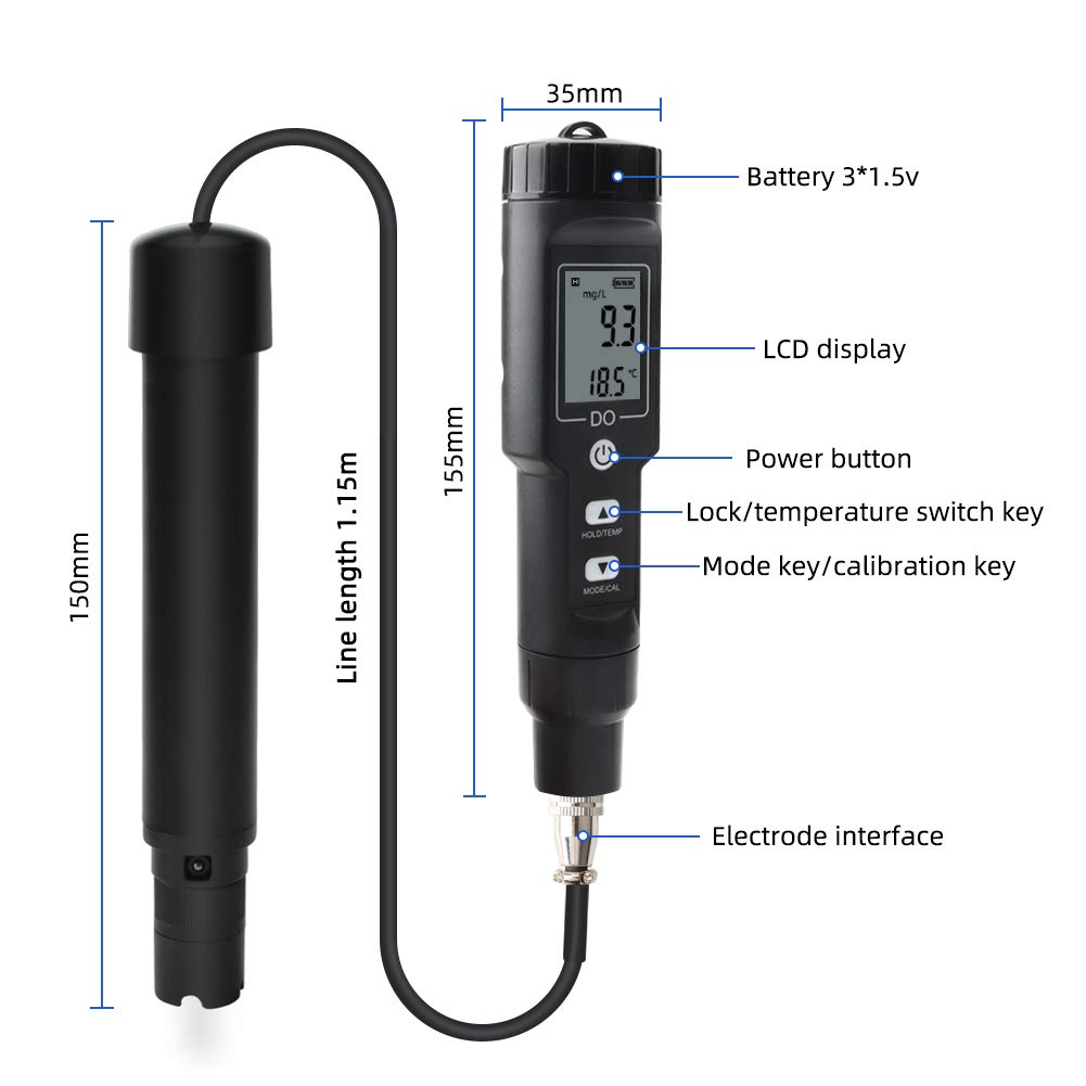 RCYAGO Portable Dissolved Oxygen and Temperature Meter, DO Range: 0-40.00 mg/L, 0.1 mg//L Resolution, Digital Dissolved Oxygen Meter with Electrode Filling Fluid (No Backlight)