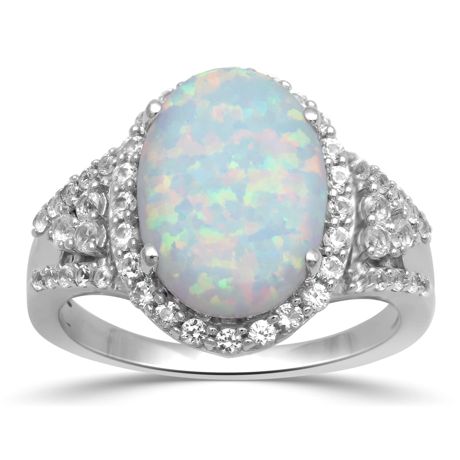 Jewelili Sterling Silver 14x10 MM Oval Created Opal and Round Created White Sapphire Halo Ring, Size 7
