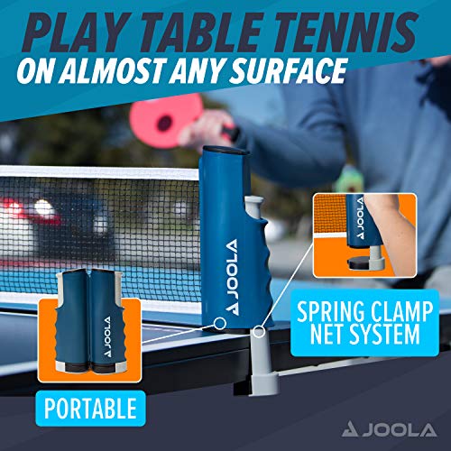 JOOLA Retractable Ping Pong Net With Clamps - Table Tennis Net Stretches 5.75' - Clamps on Table Up to 2” Thick - Optional Ping Pong Paddles and Balls