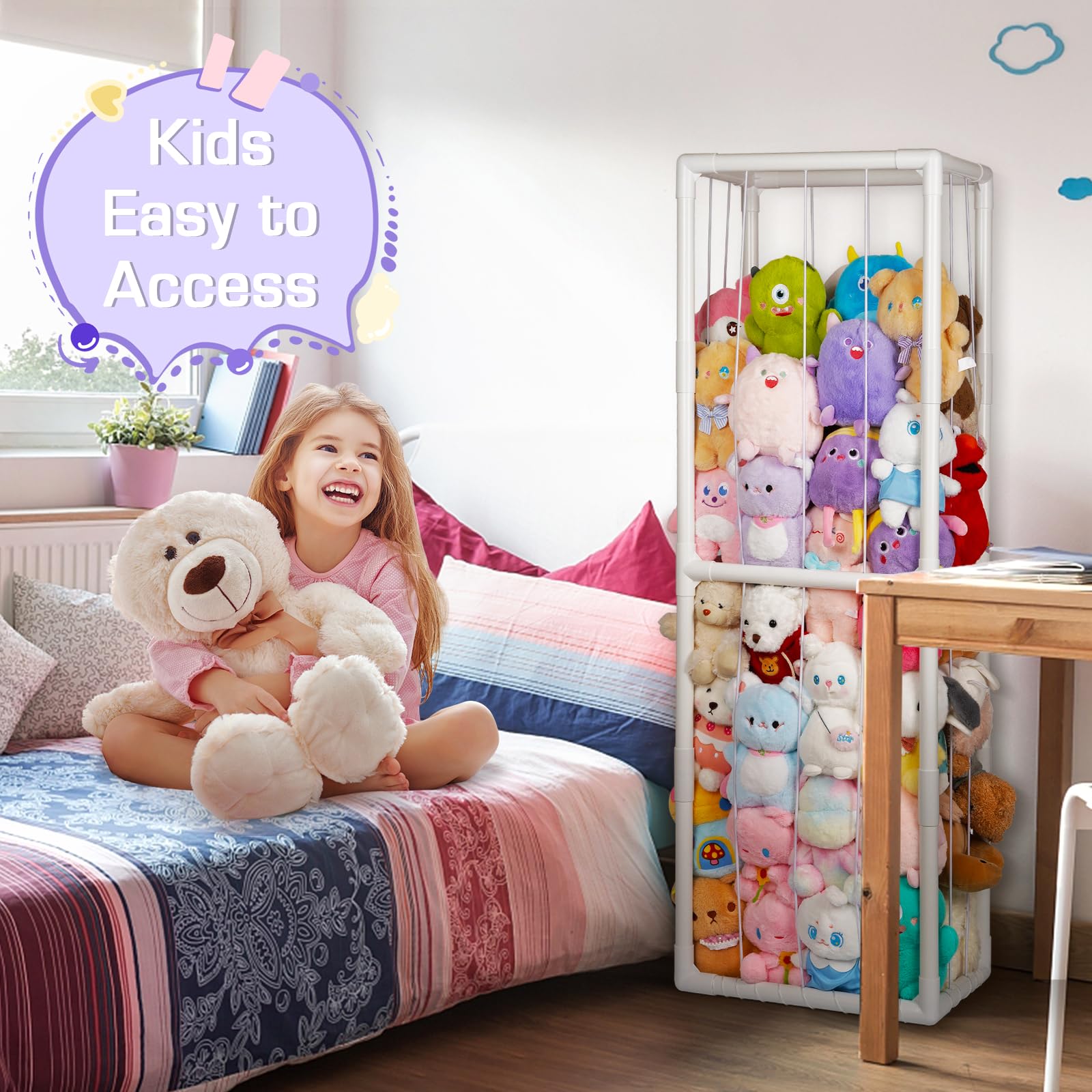 Trycooling Stuffed Animal Storage Zoo Stuffed Animal Holder Space Save Vertical Stuffed Animals Storage PVC with Elastic Band and Net for Playroom Bedroom Nursery (White 1)