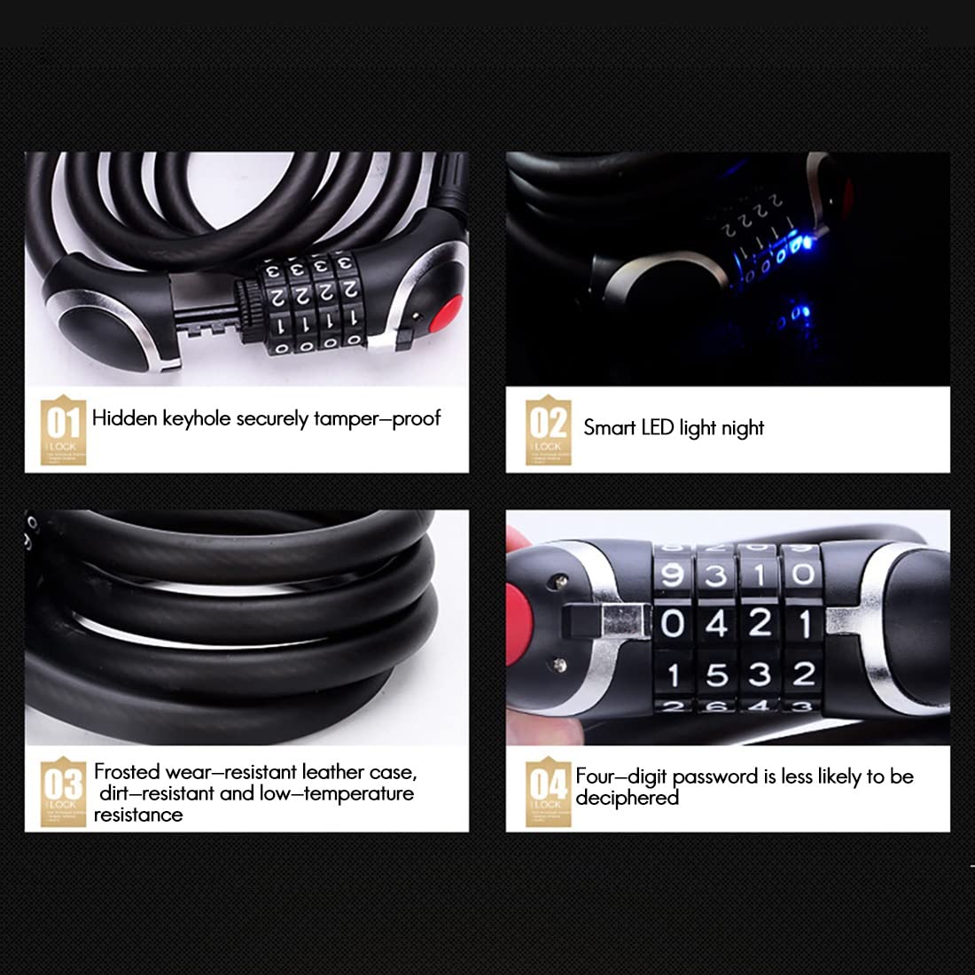 Pockety Bike Lock Cable 1.2M High Security 4 Digit Resettable Combination Coiling Bike Cable Lock Anti Theft Bicycle Cable Locks