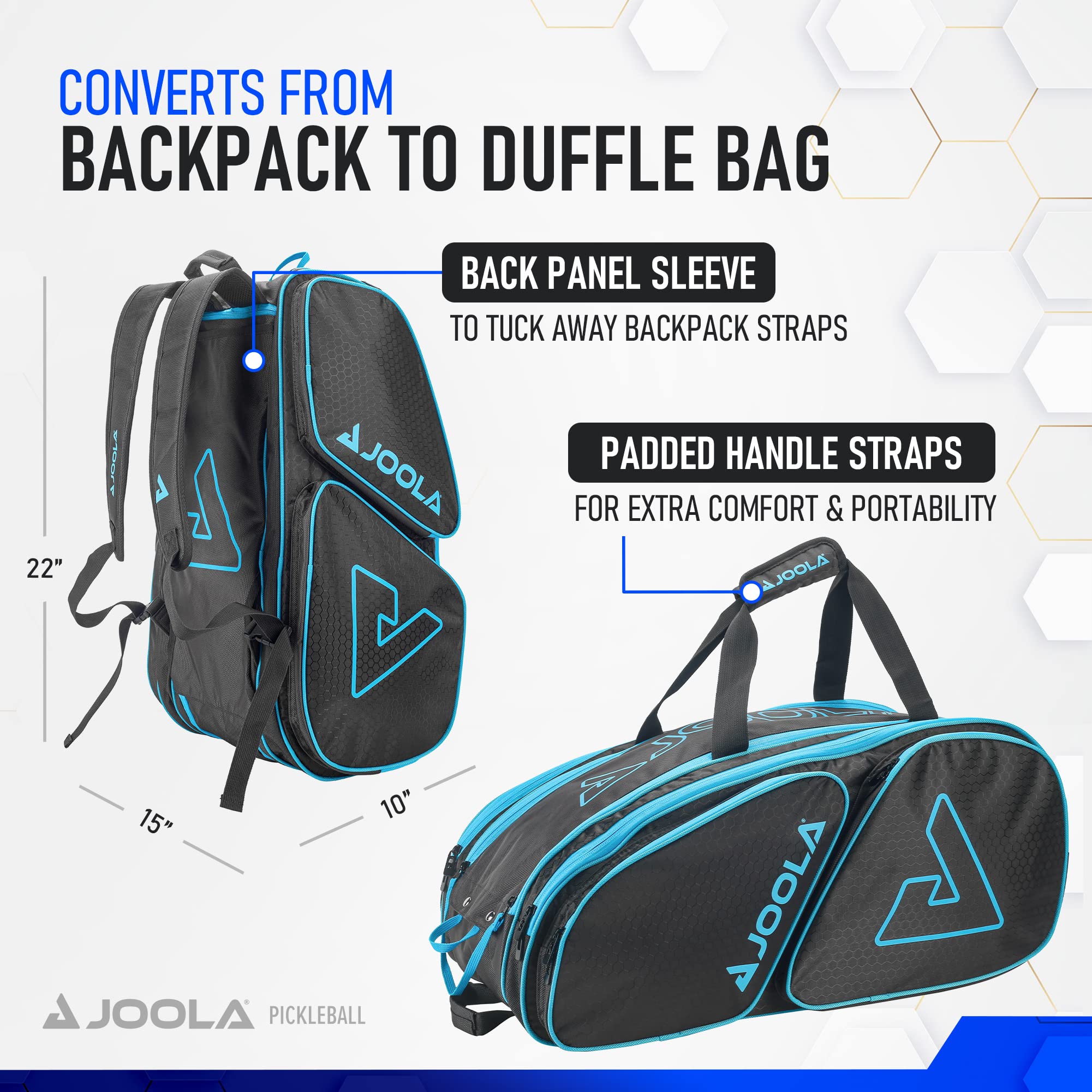JOOLA Tour Elite Pickleball Bag β Backpack & Duffle Bag for Paddles & Pickleball Accessories β Thermal Insulated Pockets Hold 4+ Paddles - Includes Fence Hook Black/Light Blue