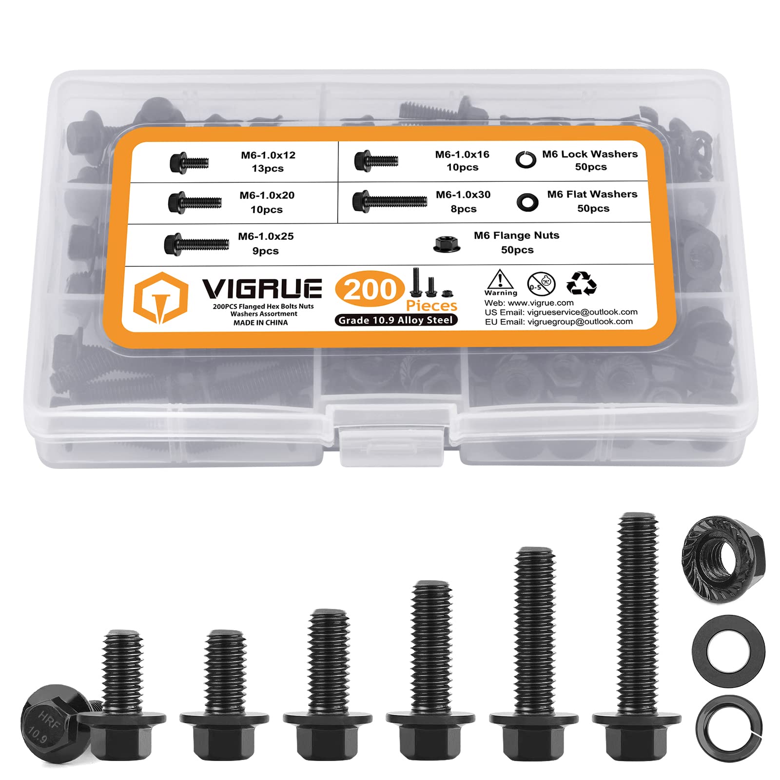 VIGRUE 252Pcs Flange Hex Head Bolts Nuts Washers Kit(12mm to 30mm) Class 10.9 Alloy Steel Black Zinc Plated M6-1.0 M8-1.25 Metric Flange Bolt Assortment Full Coarse Thread